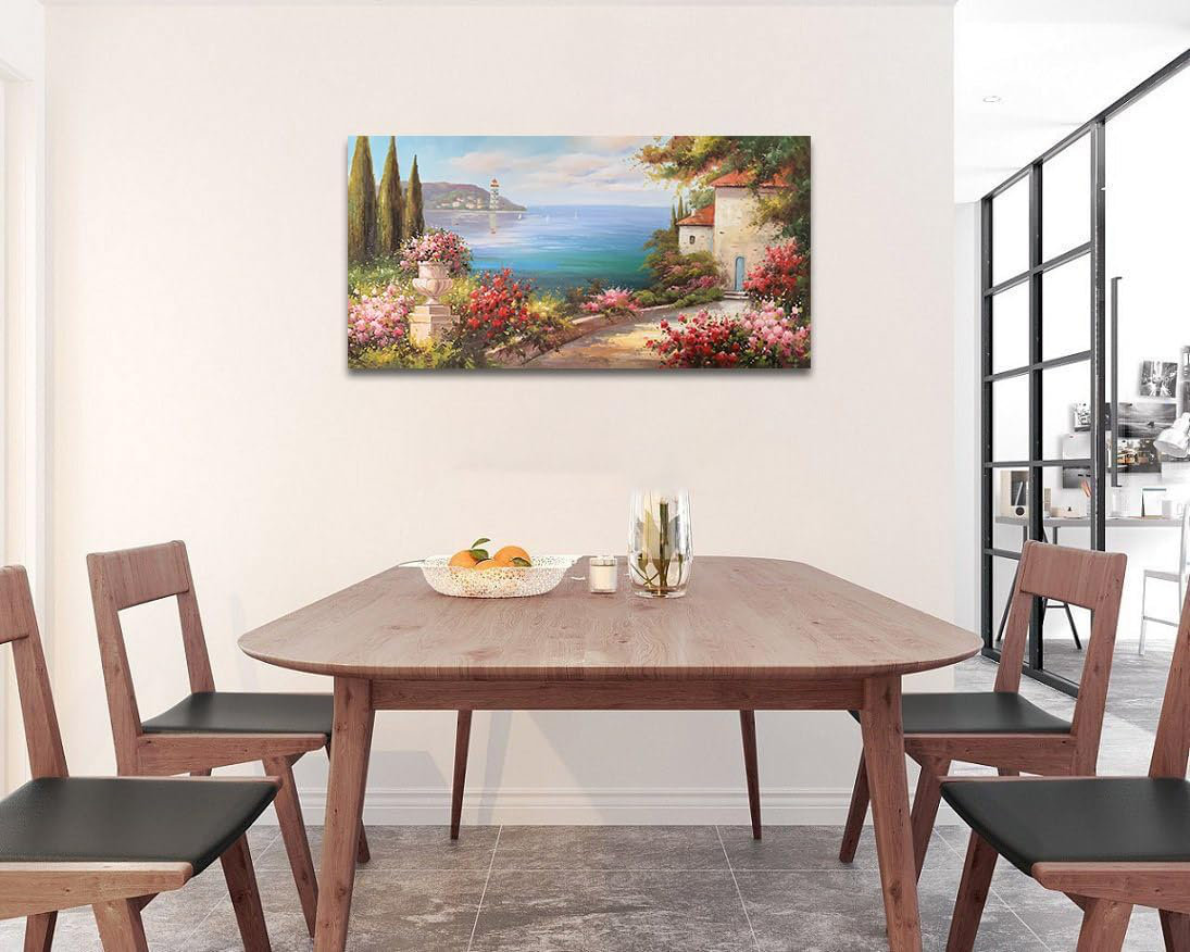 Dakota Fields Mediterranean Seascape Painting Tree Pink Flower Blue ...