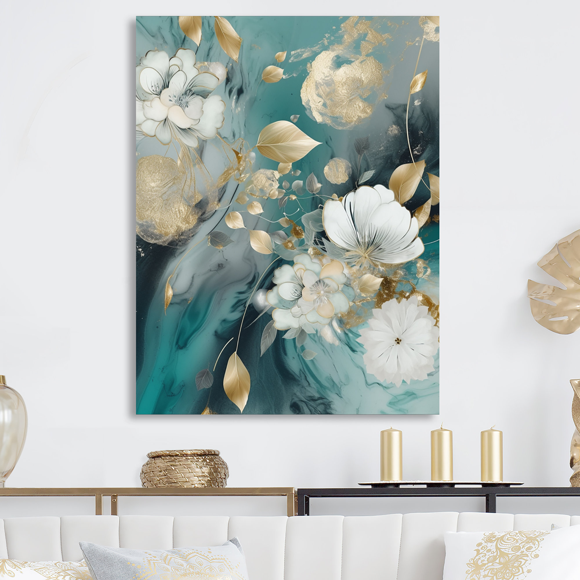 House of Hampton® Golden Blue Marble Flowers II - Floral Metal Wall Art ...