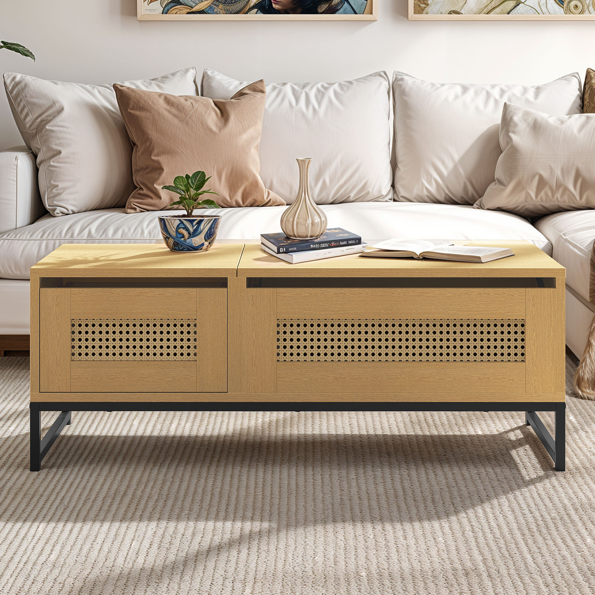 Bay Isle Home™ Lift Top Coffee Table with Elegant Rattan Weave Design ...