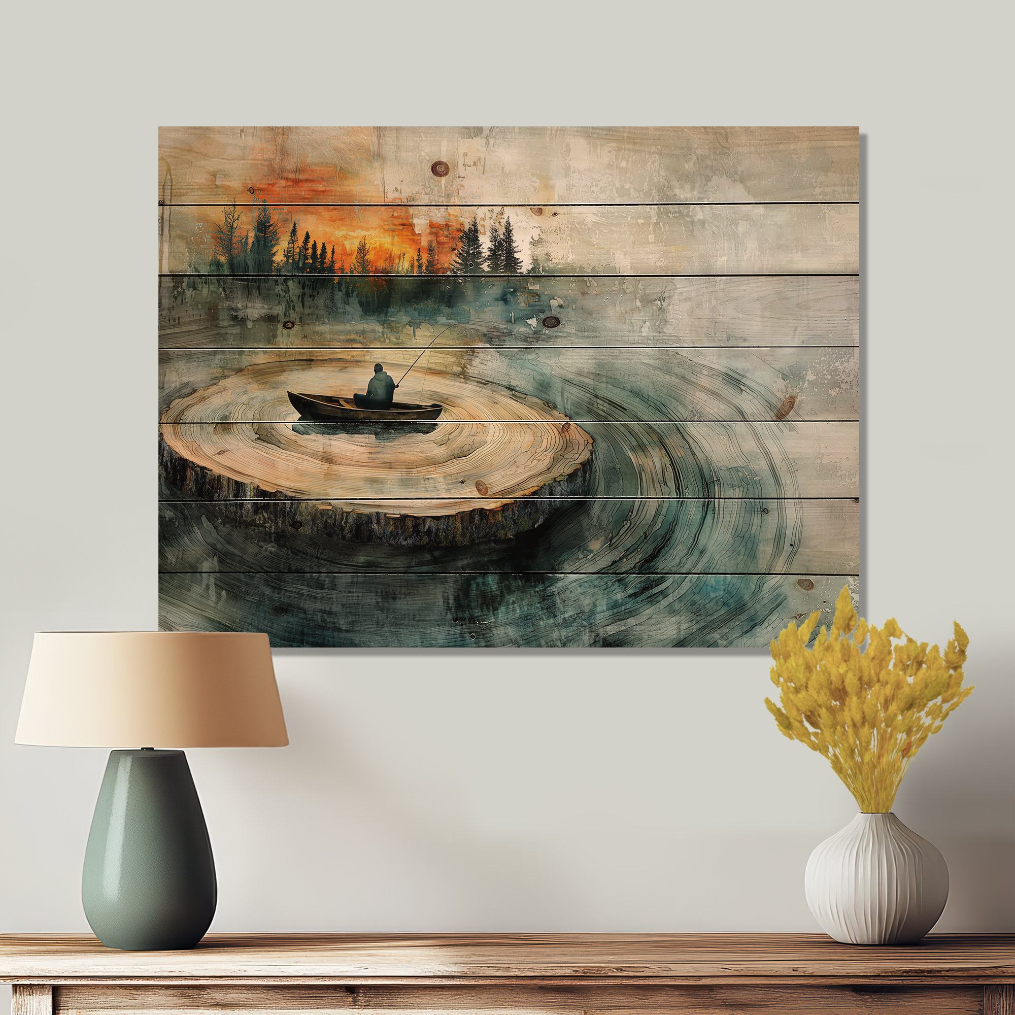 Ophelia & Co. Fishing Tranquility Wooden Slide Landscape II - Boat ...