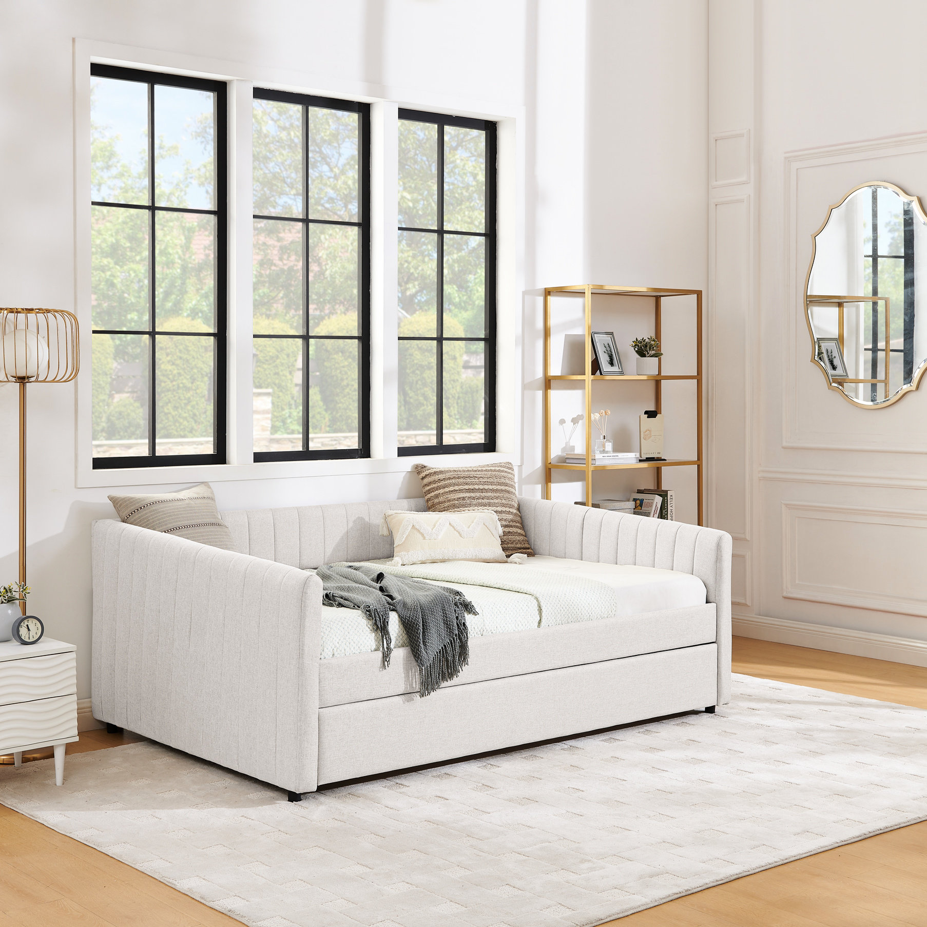 Latitude Run® Beige Linen, Upholstered, Full Size Trundle Daybed ...