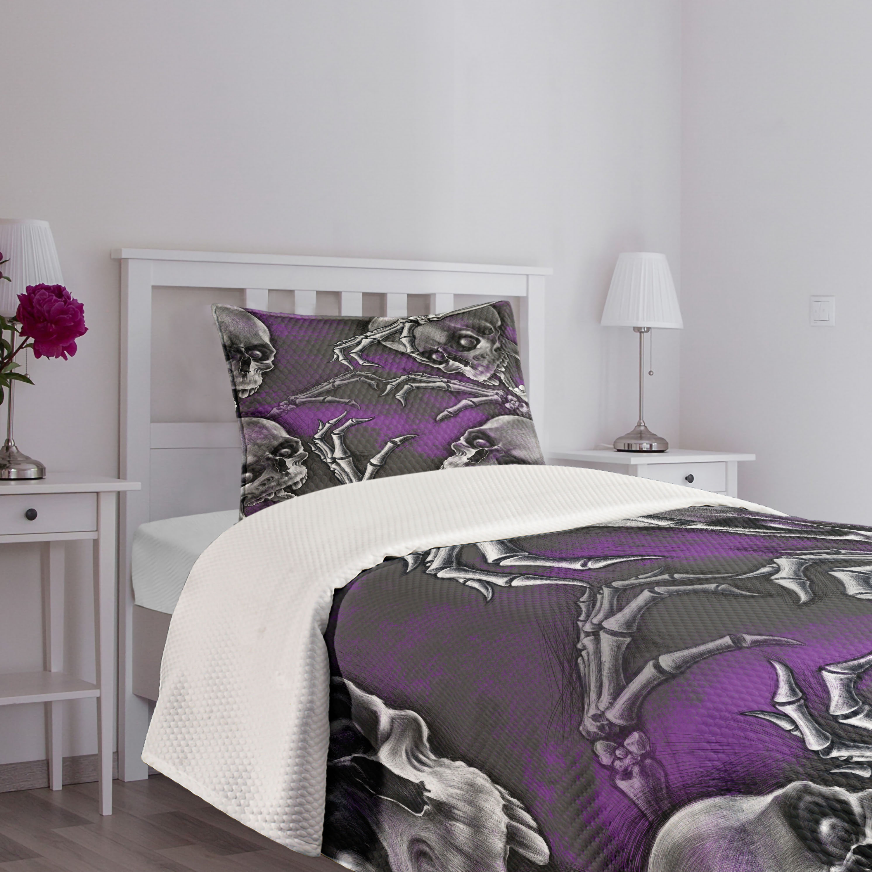 Ambesonne Skull Bedspread Set Spooky Smiling Skeleton Purple Grey and ...