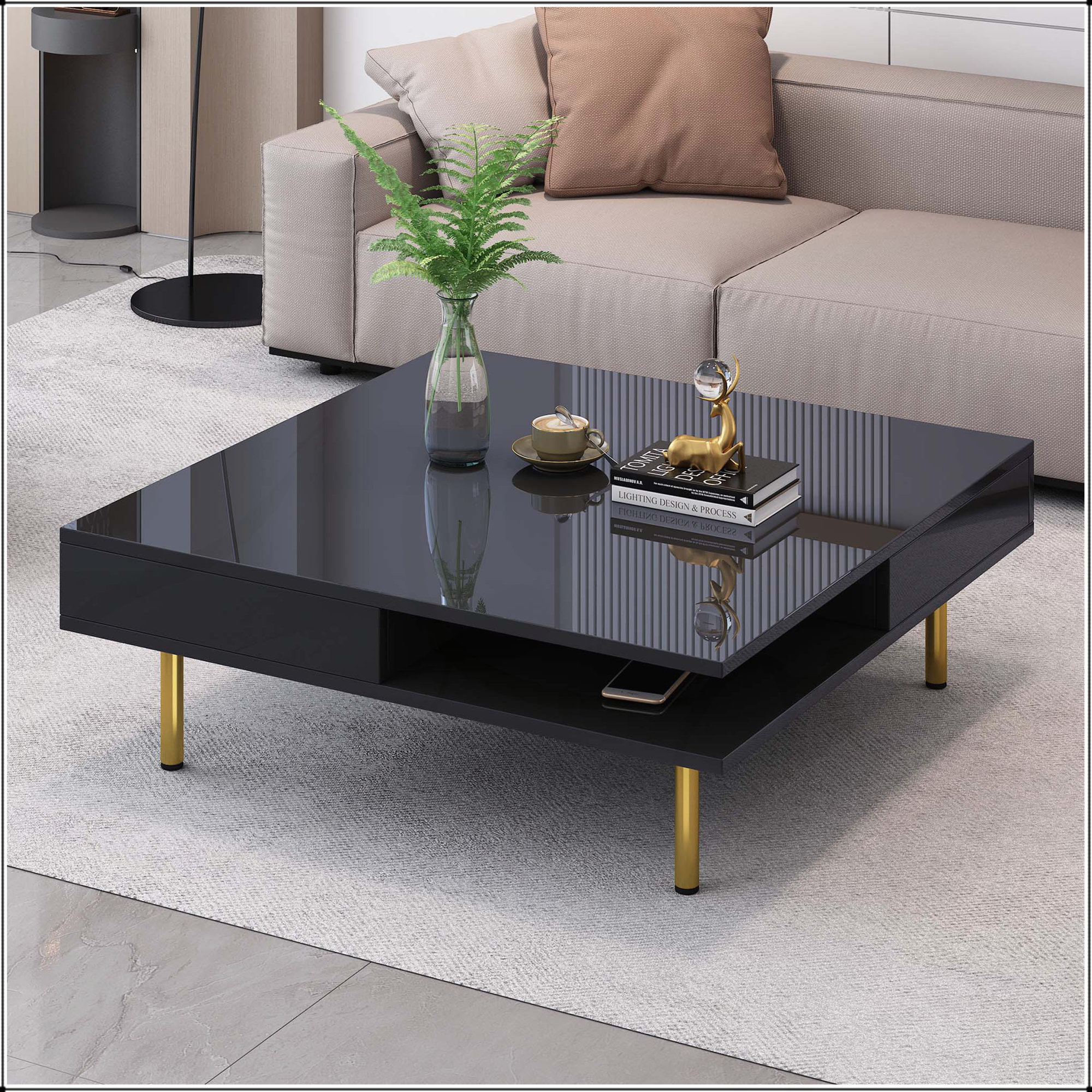 Mercer41 Table basse carrée ultra brillante avec 4 pieds dorés et 2 petits tiroirs, table ...