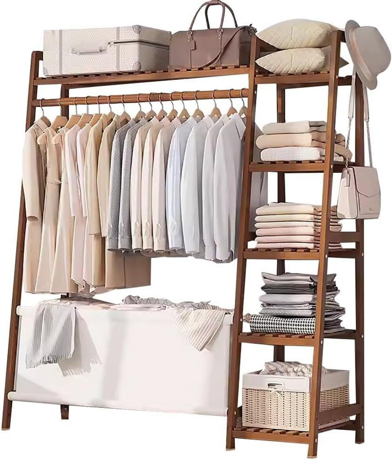 Rebrilliant Bamboo Clothing Shelf with Bag Storage – Multifunctional ...