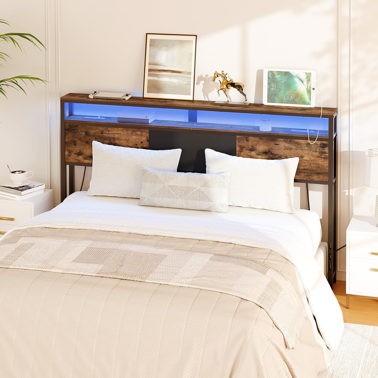 Ivy Bronx King Size Headboard, LED Headboard With 2 Storage Shelves ...