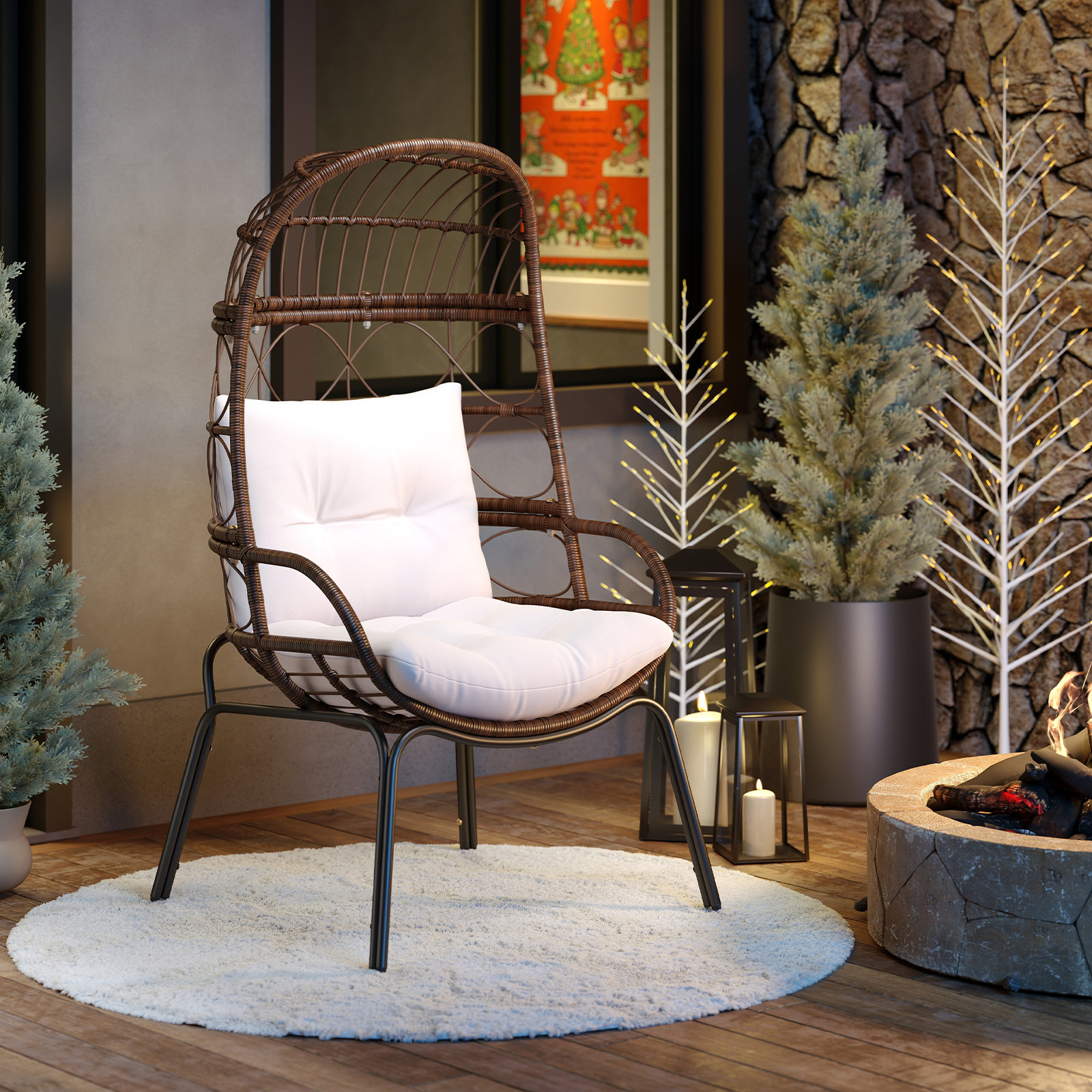 George Oliver PE Wicker Egg Chair Patio Cocoon Lounger w/ Comfortable ...