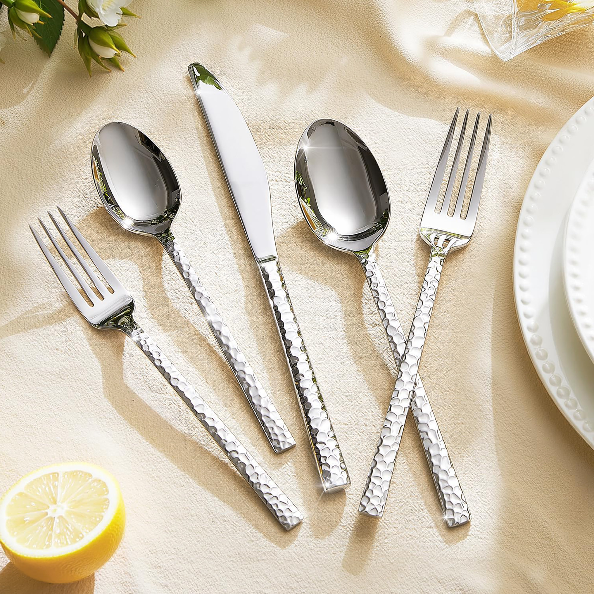 COSFUR Exquisite 40 Piece Stainless Steel Hammered Flatware Set for 8 - Ideal for Home, Parties ...
