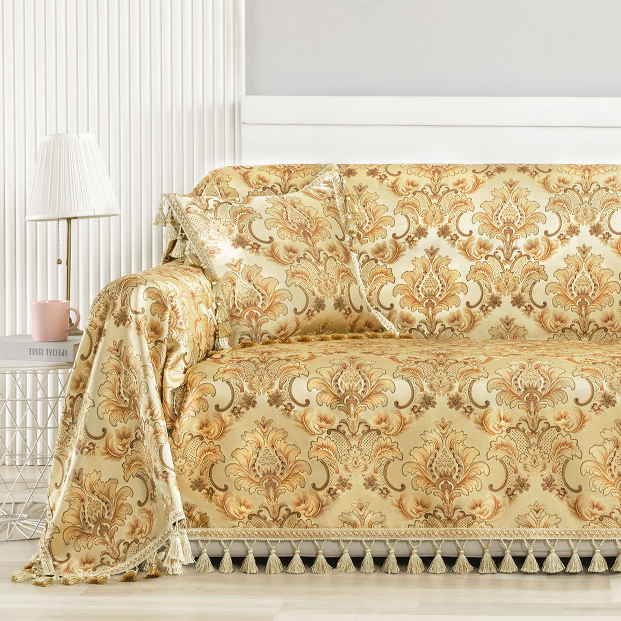 World Menagerie 1 Piece Jacquard Sofa Slipcover with Tassels, Couch ...