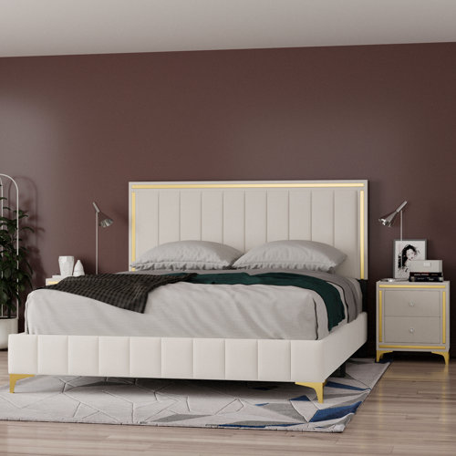 Mercer41 Monique Velvet Upholstered Platform Bed with Gold Legs and ...