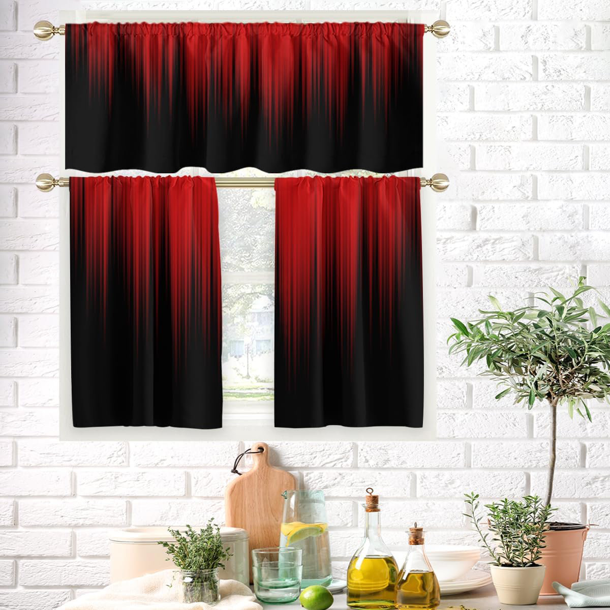 RAPTIZ Red Kitchen Curtain Valance And Tiers Set 3 Piece Burgundy Ombre ...
