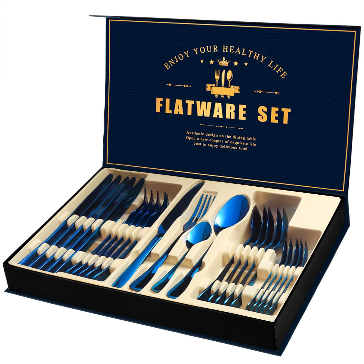 Ivy Bronx Blue Silverware Set With Gift Box, Mirror Finish 24-Piece ...