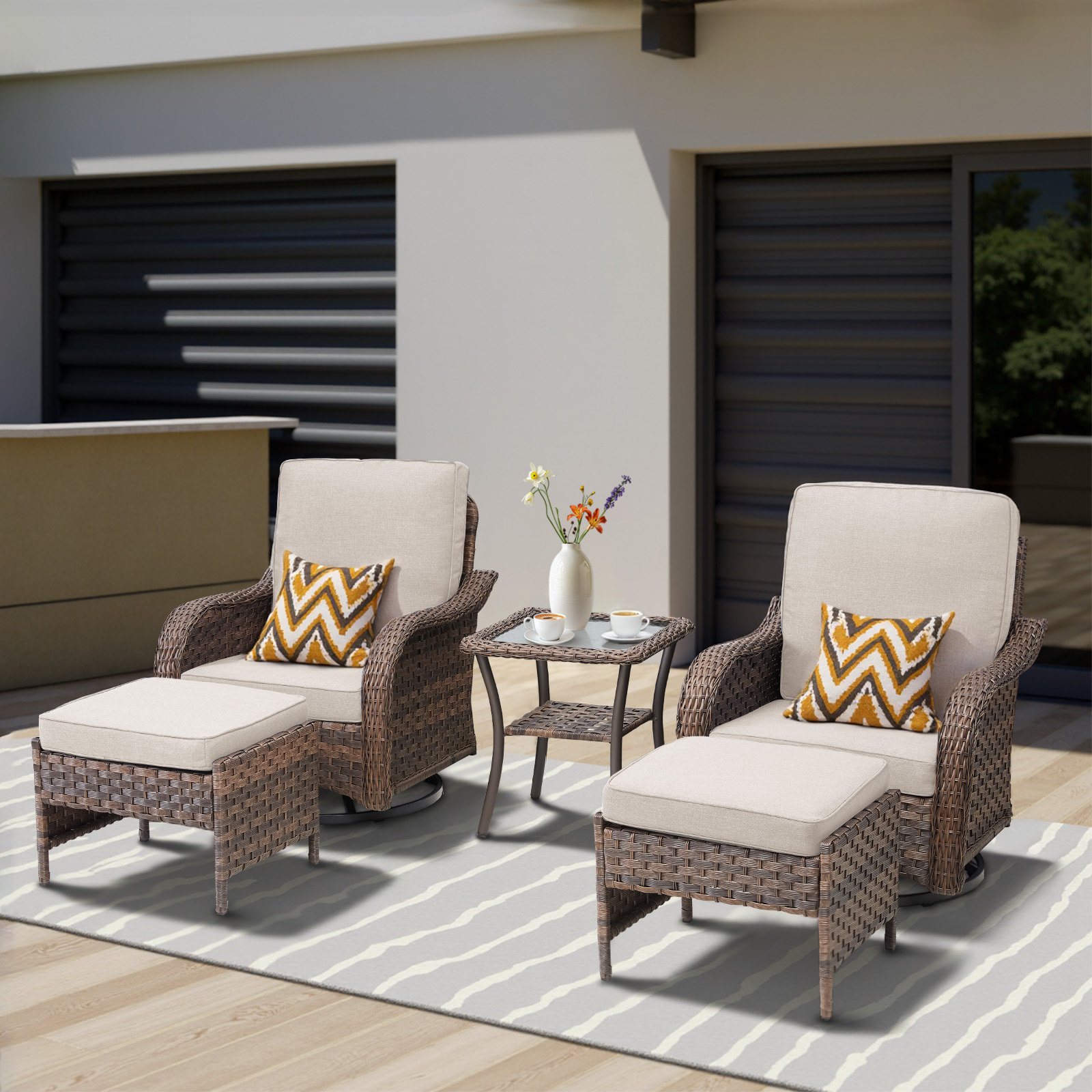 Lark Manor Outdoor Wicker Swivel Chairs With Ottoman & Side Table Set ...