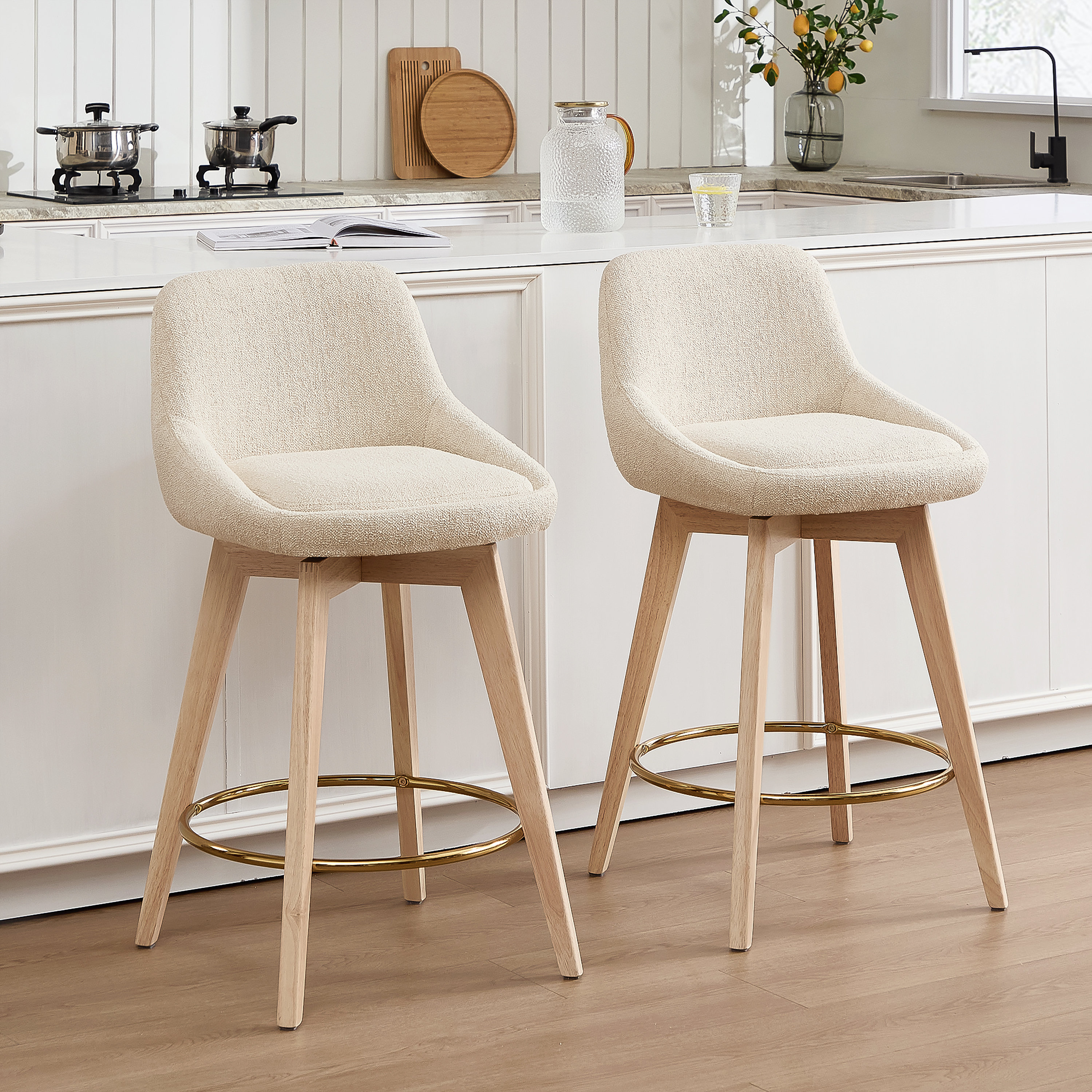 George Oliver Swivel Upholstered 26.8'' Linen Counter Stool With Solid ...