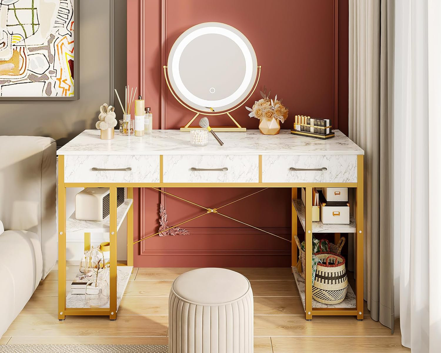 Everly Quinn anity Desk with 3 Fabric Drawers & Storage Shelves, Makeup ...