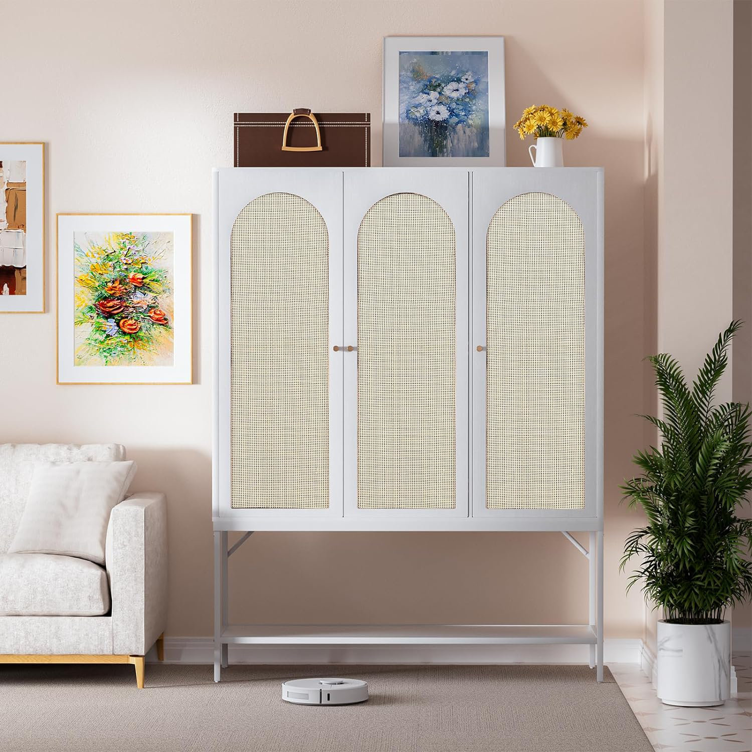 Bay Isle Home™ White Rattan Wardrobe Closet with LED Lights/Shelves/Rod ...