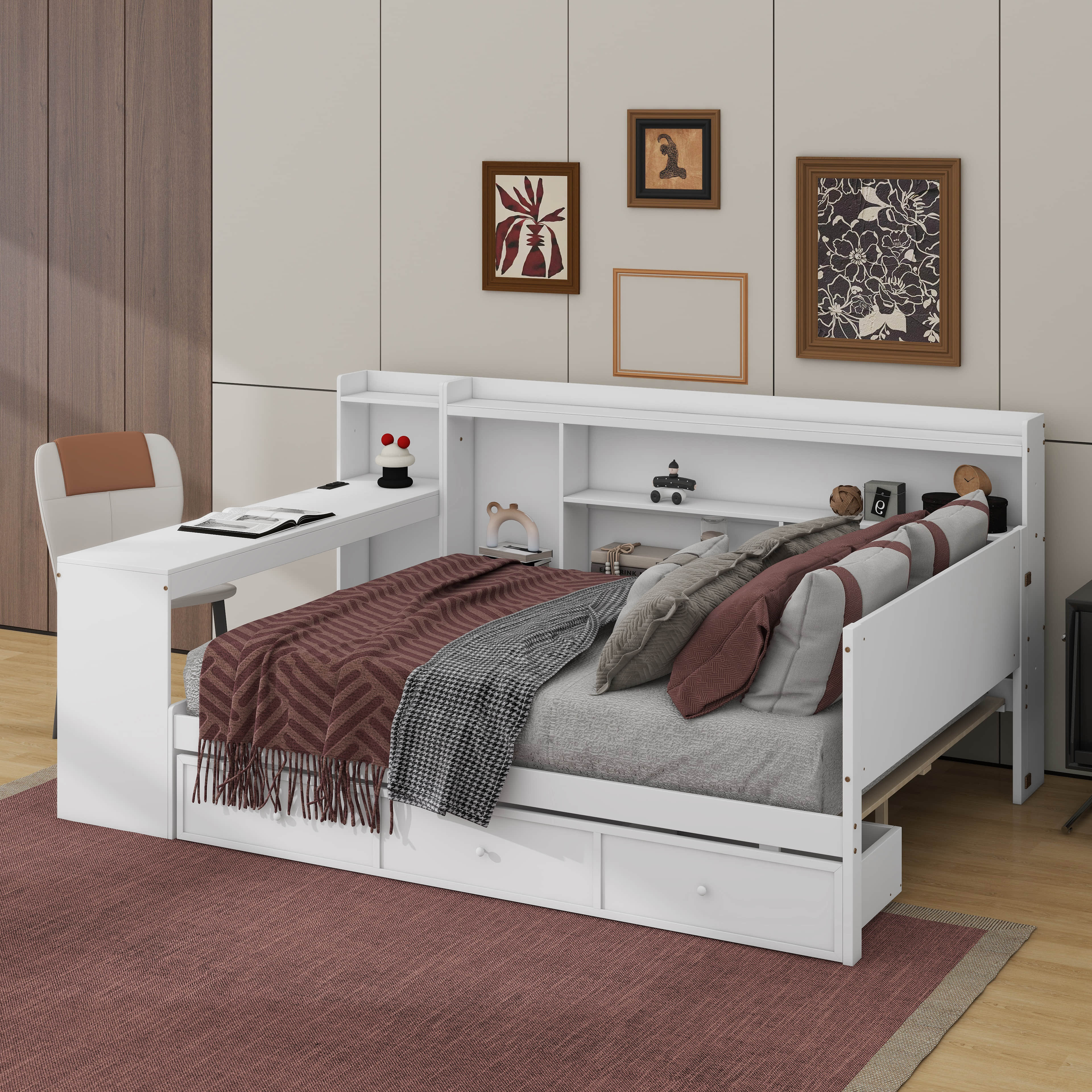 Red Barrel Studio® Full Size Wooden Daybed With Drawers, USB And Desk ...