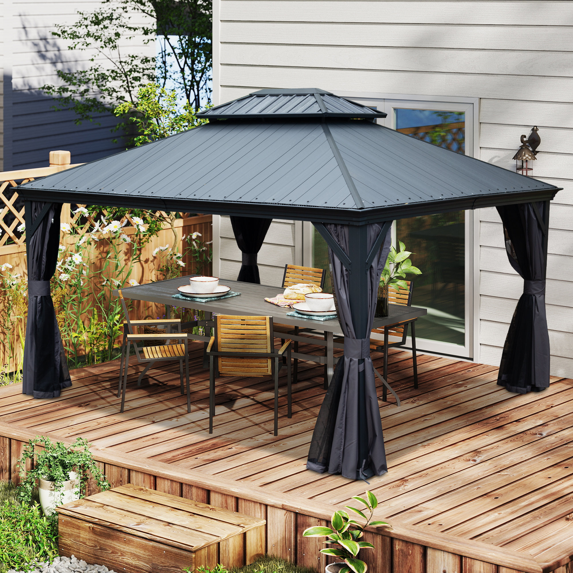 Domi Louvered Outdoor Patio Metal Frame Gray Wood Grain Resin Roof ...