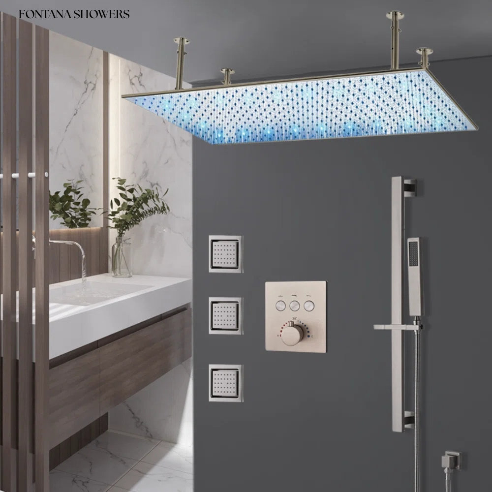 FontanaShowers Monreal Brushed Nickel LED Ceiling Shower System with ...