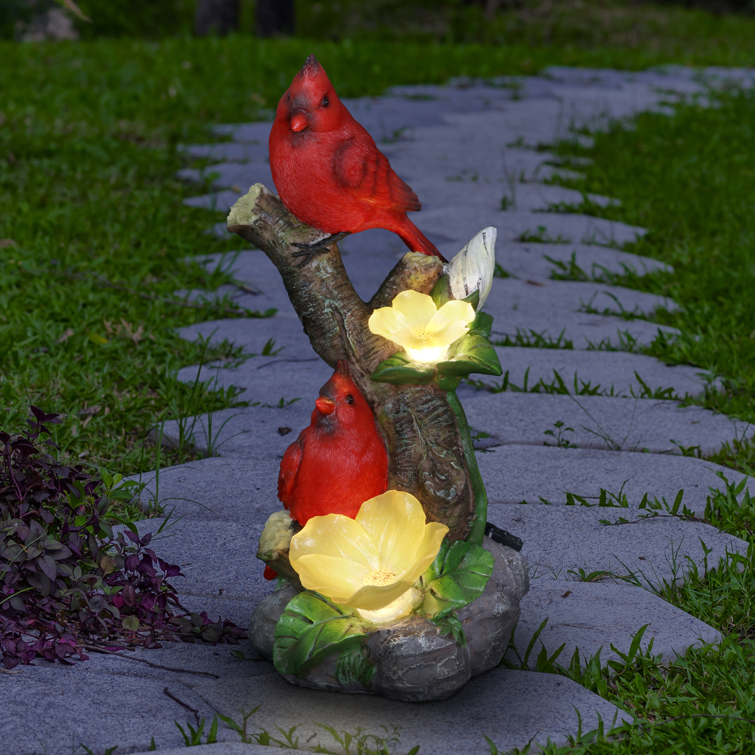Exhart Cardinals with Solar Flowers on a Branch Hand Painted Garden ...