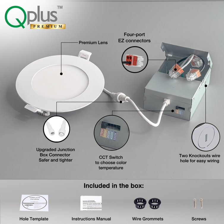 QPLUS 5CCT 4Inch Slim LED Recessed Lighting w/Junction Box, 9W Dimmable ...