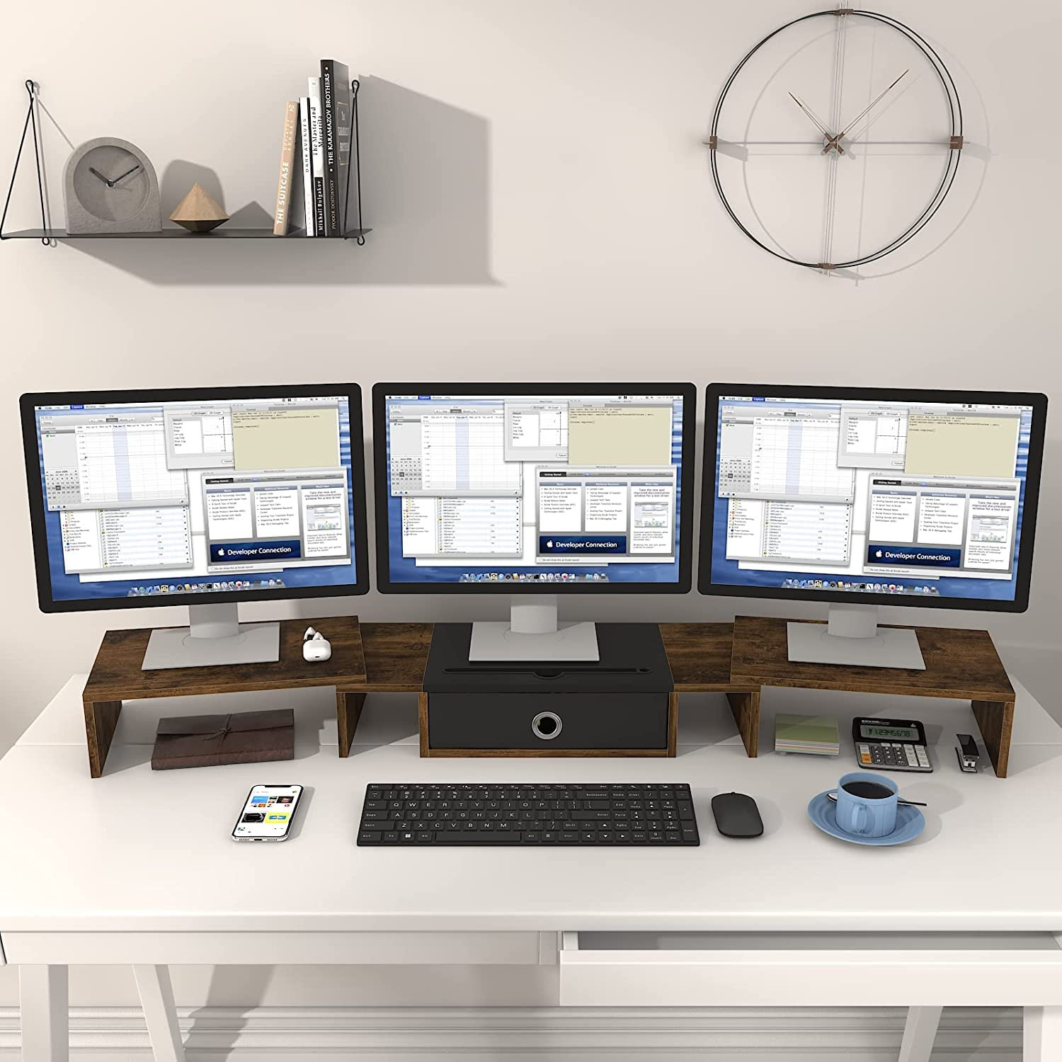 Loon Peak® Triple Dual Monitor Stand Riser with Drawer | Wayfair