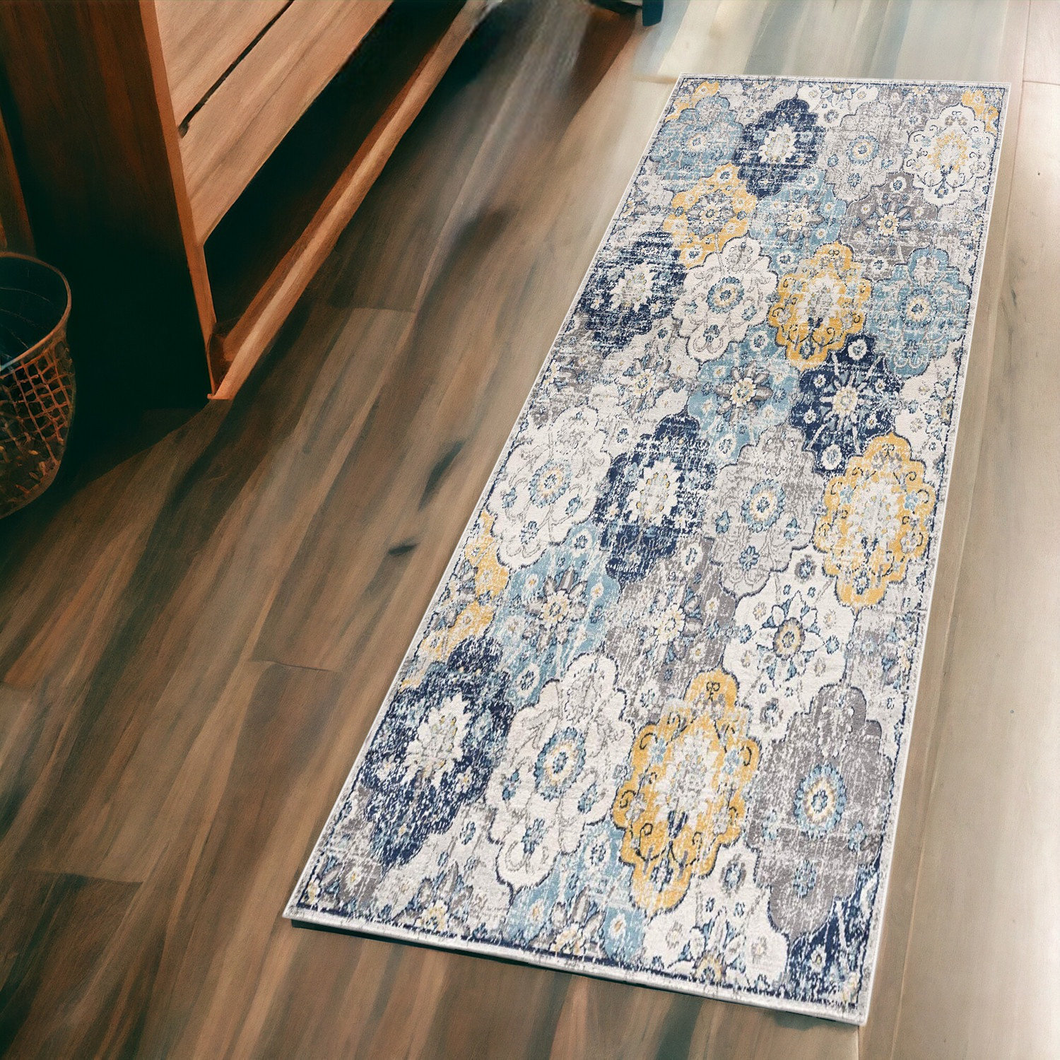 Bungalow Rose 6' Runner Blue And Yellow Floral Area Rug | Wayfair