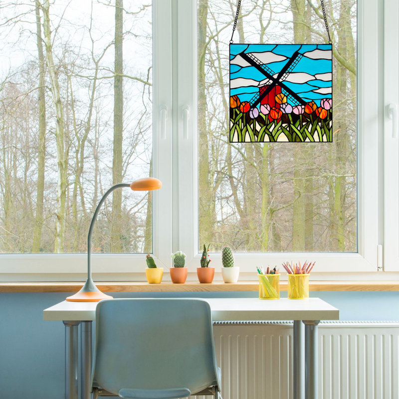 August Grove® 14.5"H Windmill Stained Glass Window Panel & Reviews ...