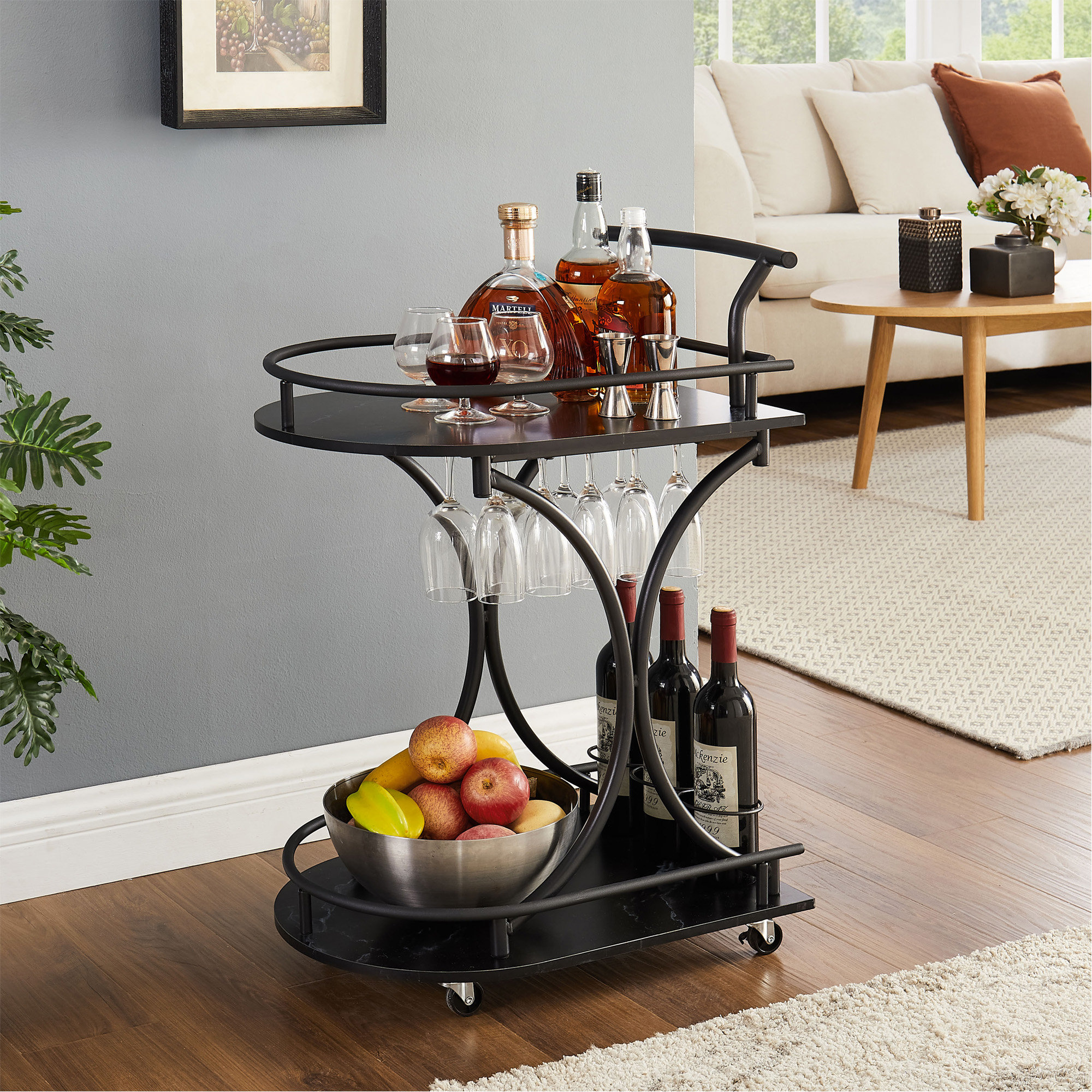 Ebern Designs Versatile 2-Tier Bar Cart With Stylish Wheels And Ample ...