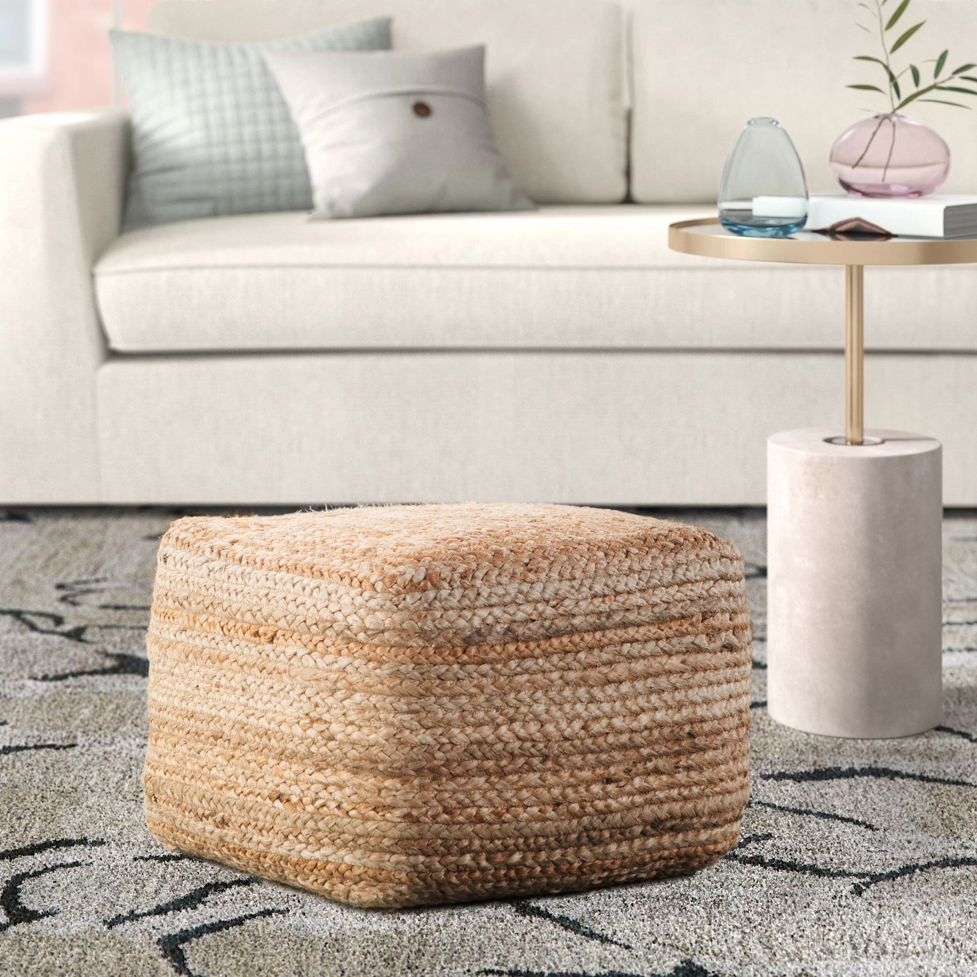 The Twillery Co.® Cicero 18" Wide Square 100% Braided Jute Pouf Ottoman ...