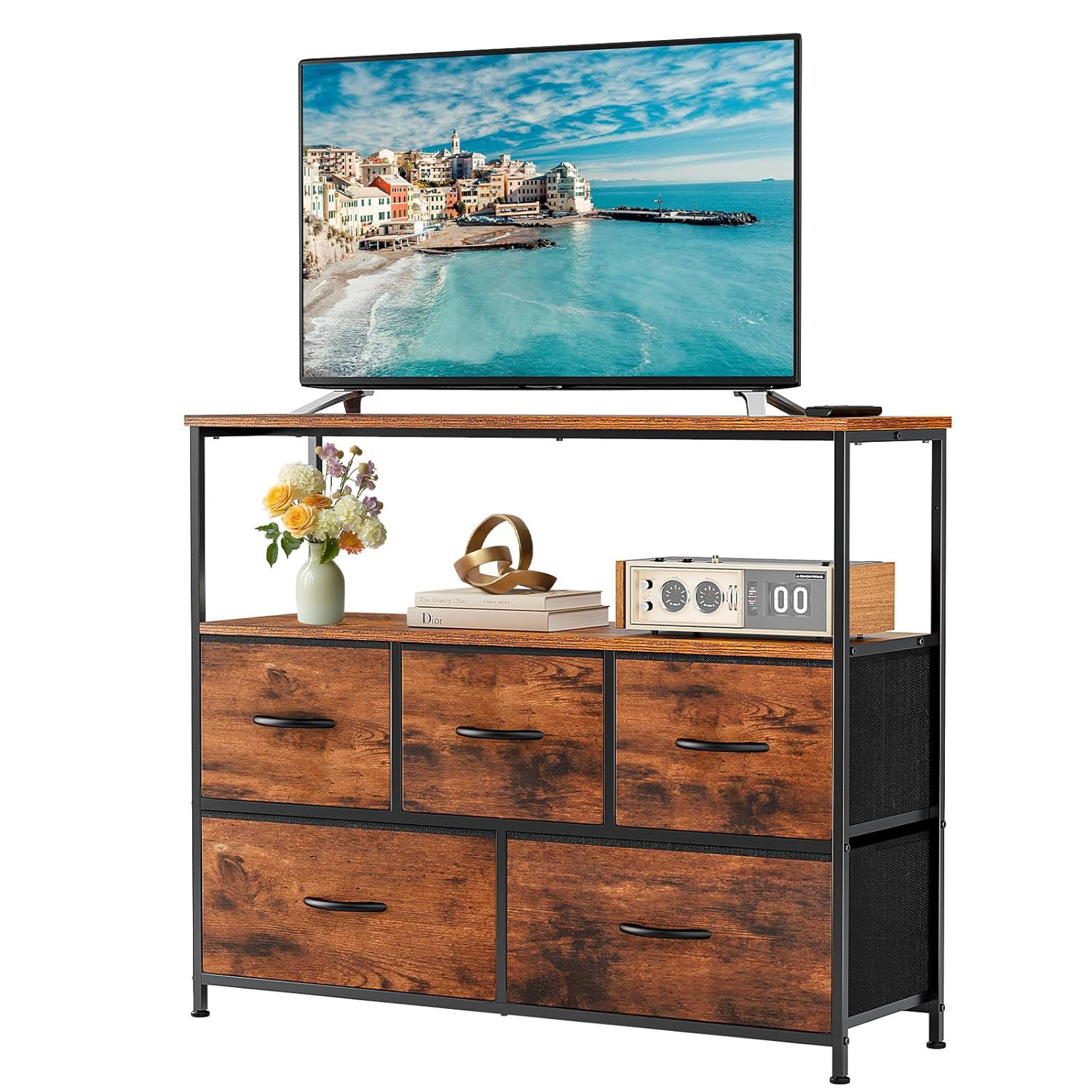 17 Stories TV Stand with 5 Fabric Drawers & Open Shelf - Fits 45 Inch ...