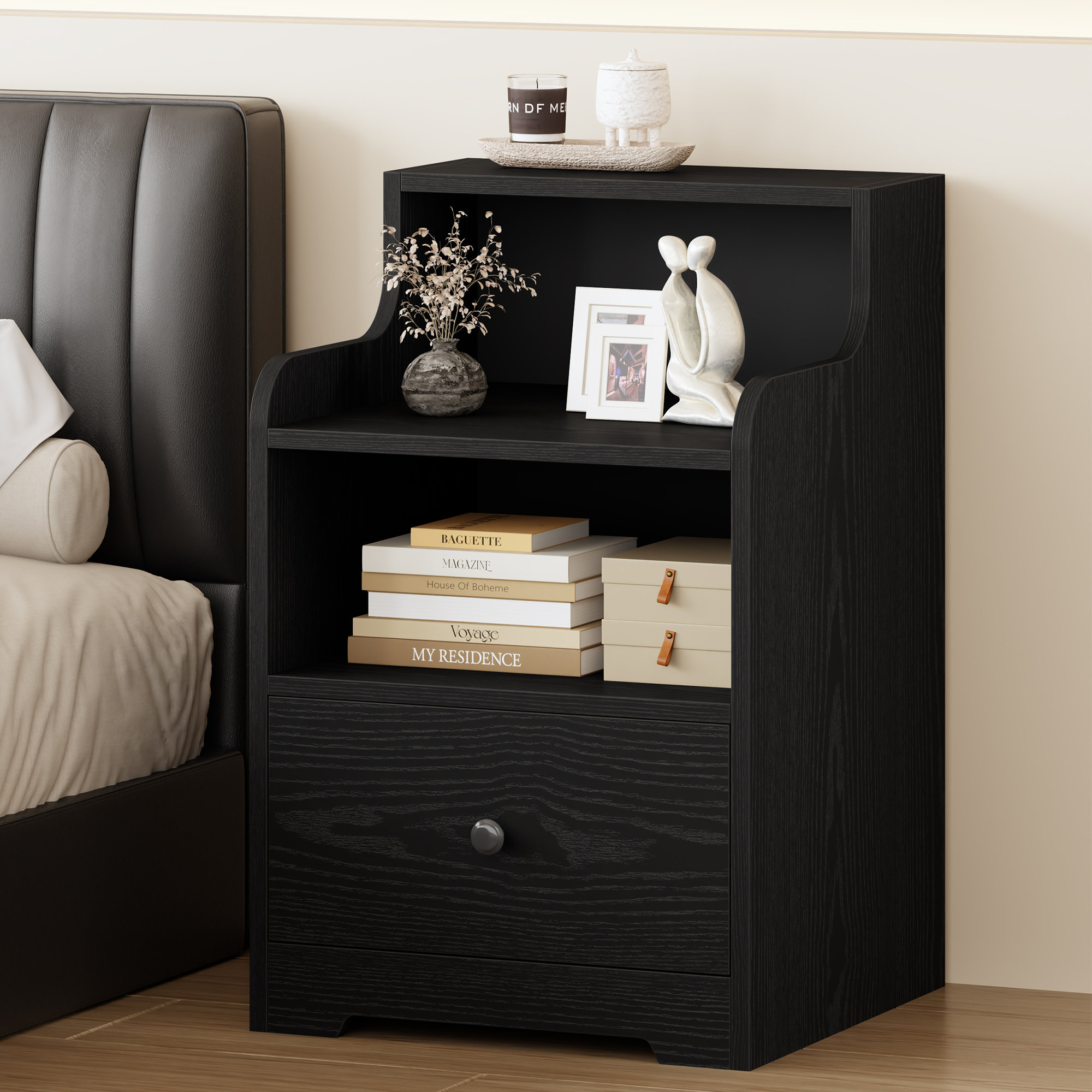 Ebern Designs 24.8" H Nightstand with 1 Drawer & 2-Tier Shelves, Wooden ...
