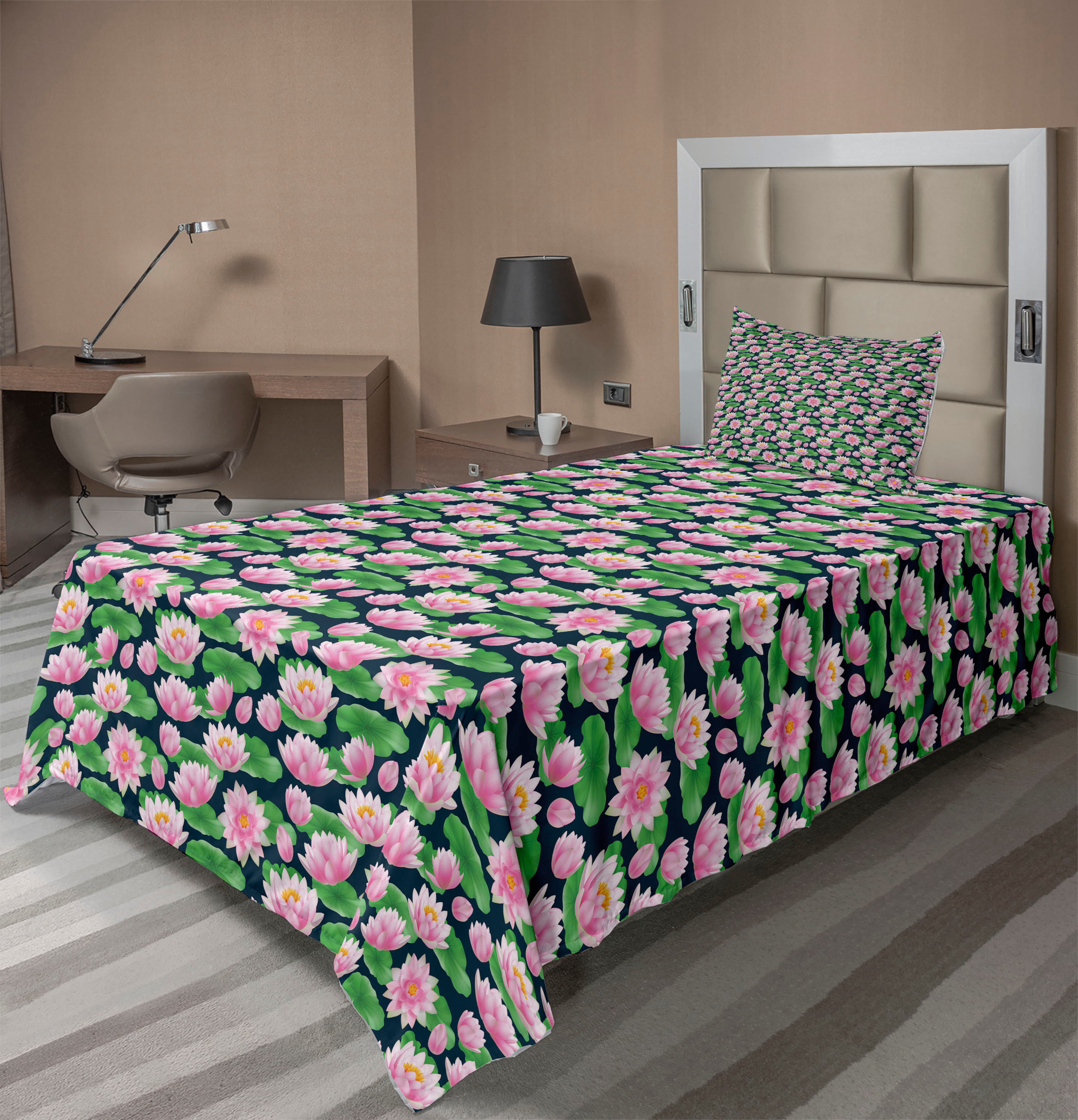 Ambesonne Tropical Sheet Set Lotus Flowers Leaves Plot Soft Pink and ...