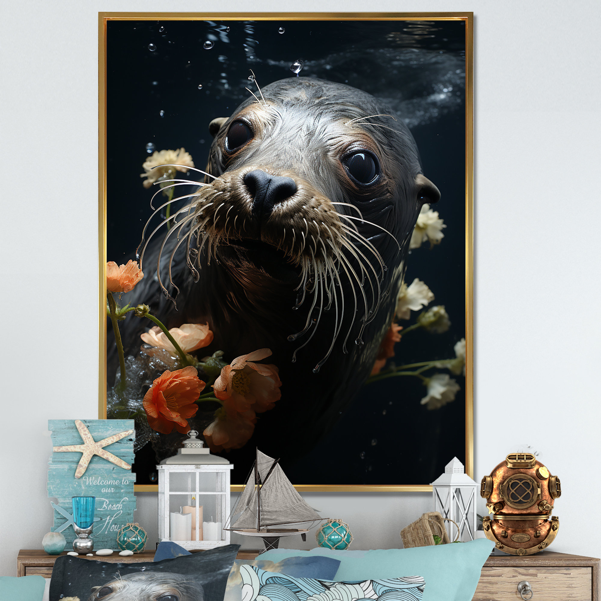 Highland Dunes Floral Harbor Seal Blooms II - Coastal Animal Wall Art ...