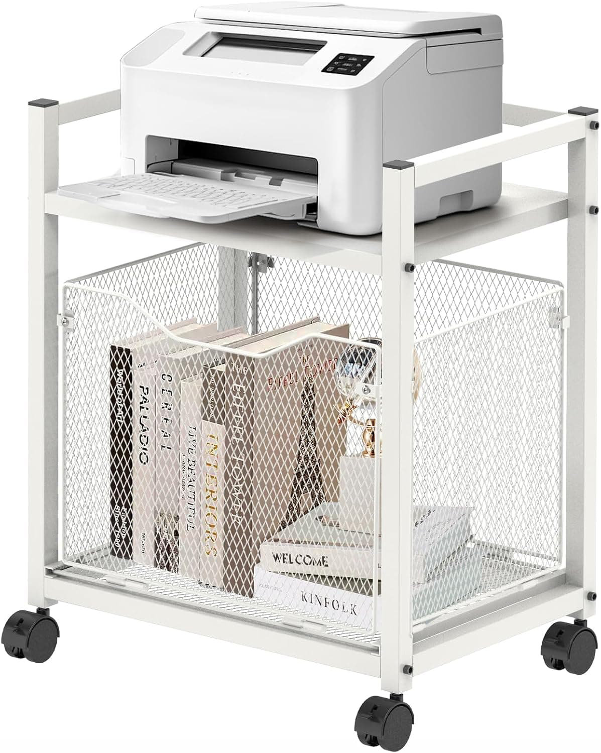 caimen 2-Tier Mobile Printer Stand With Locking Wheels & Storage Drawer ...