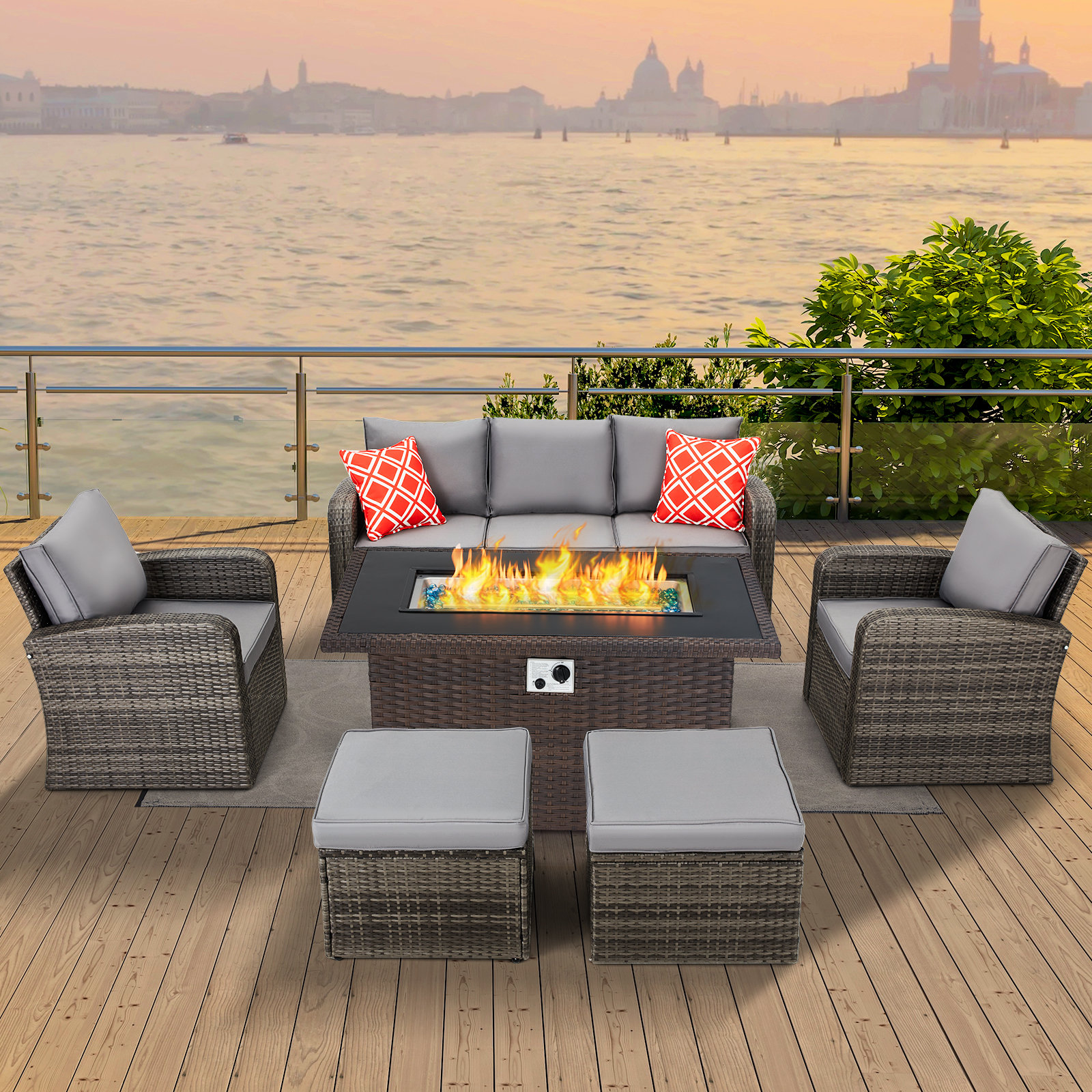 HOMREST Wicker/Rattan 7 - Person Seating Group with Fire Pit Table ...