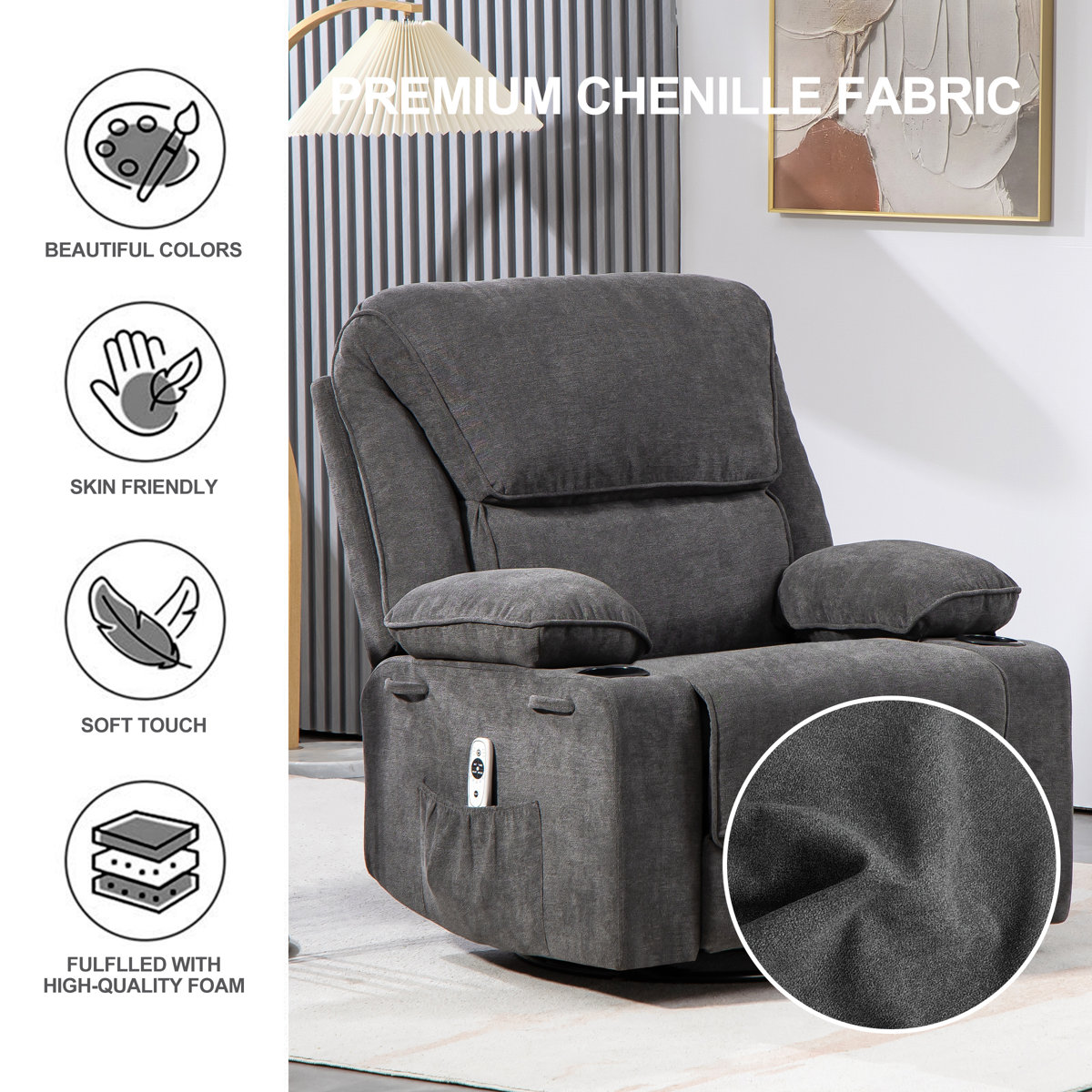 Latitude Run® Modern Heated Massage Swivel Rocker Recliner with cup ...