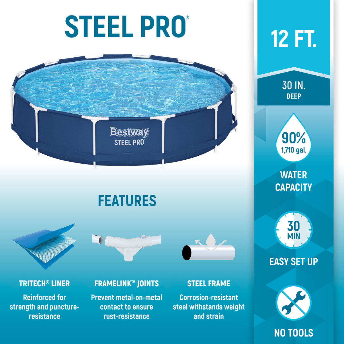 Bestway Steel Pro 12' x 30" Round Above Ground Pool Set with DuraPlus ...