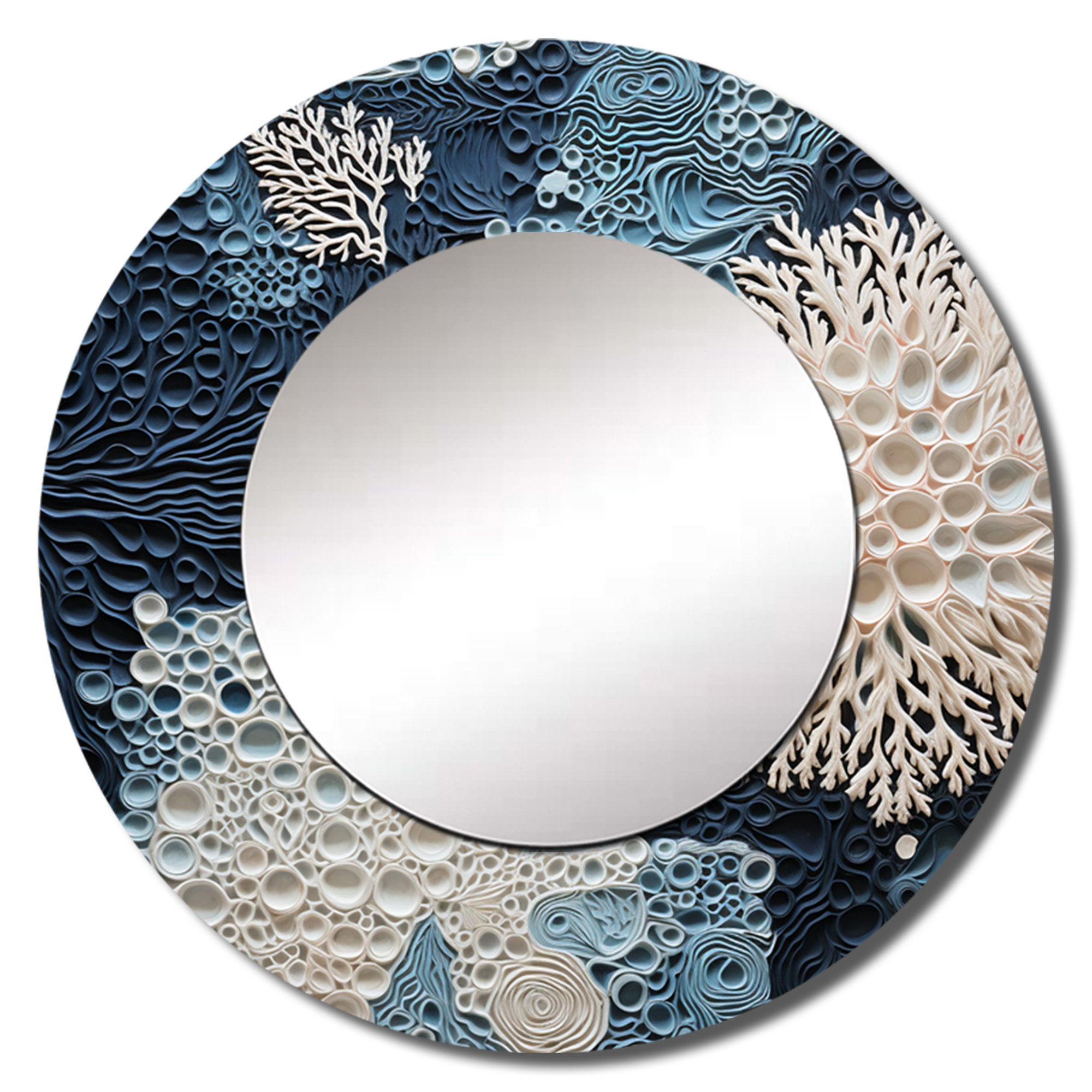 Design Art Under Water Blue And White Corals Collage - Coastal Round ...