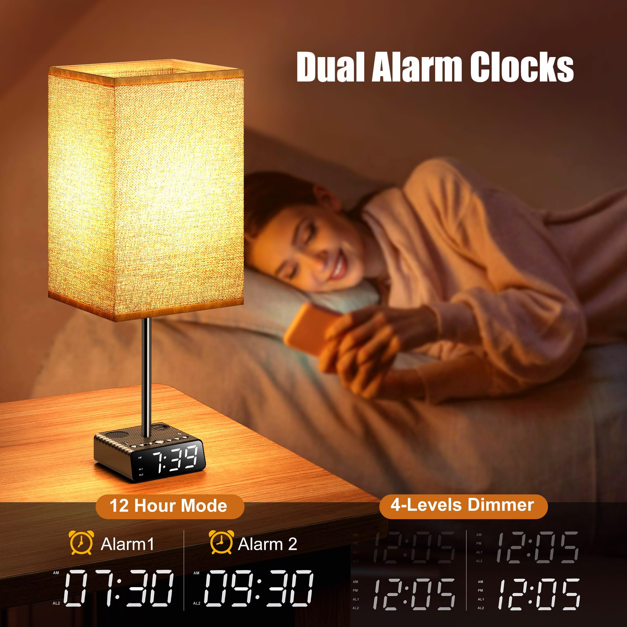 Latitude Run® Modern Black Clock Bedside Lamp With Alarm Clock Base ...