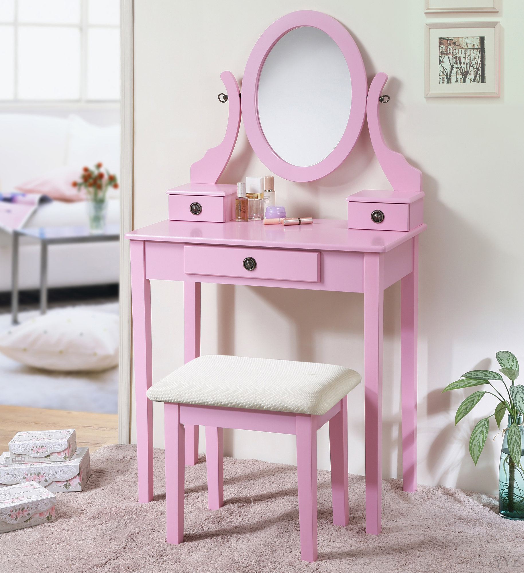 Ivy Bronx Wood Moniya Makeup Vanity Table And Stool Set | Wayfair