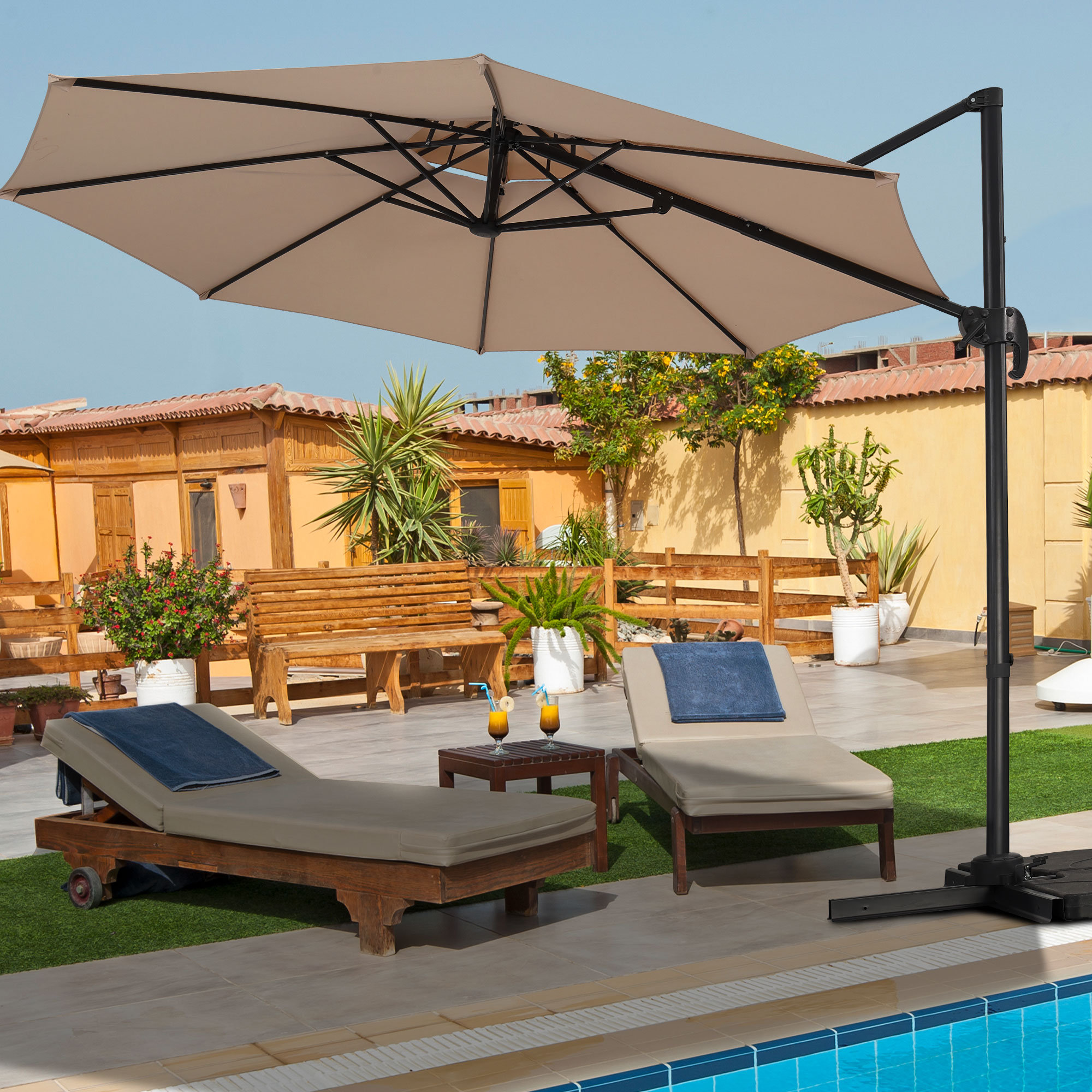 Arlmont & Co. Parasol de patio en porte-à-faux 10 pi avec base en croix inclus, grand abat-jour ...