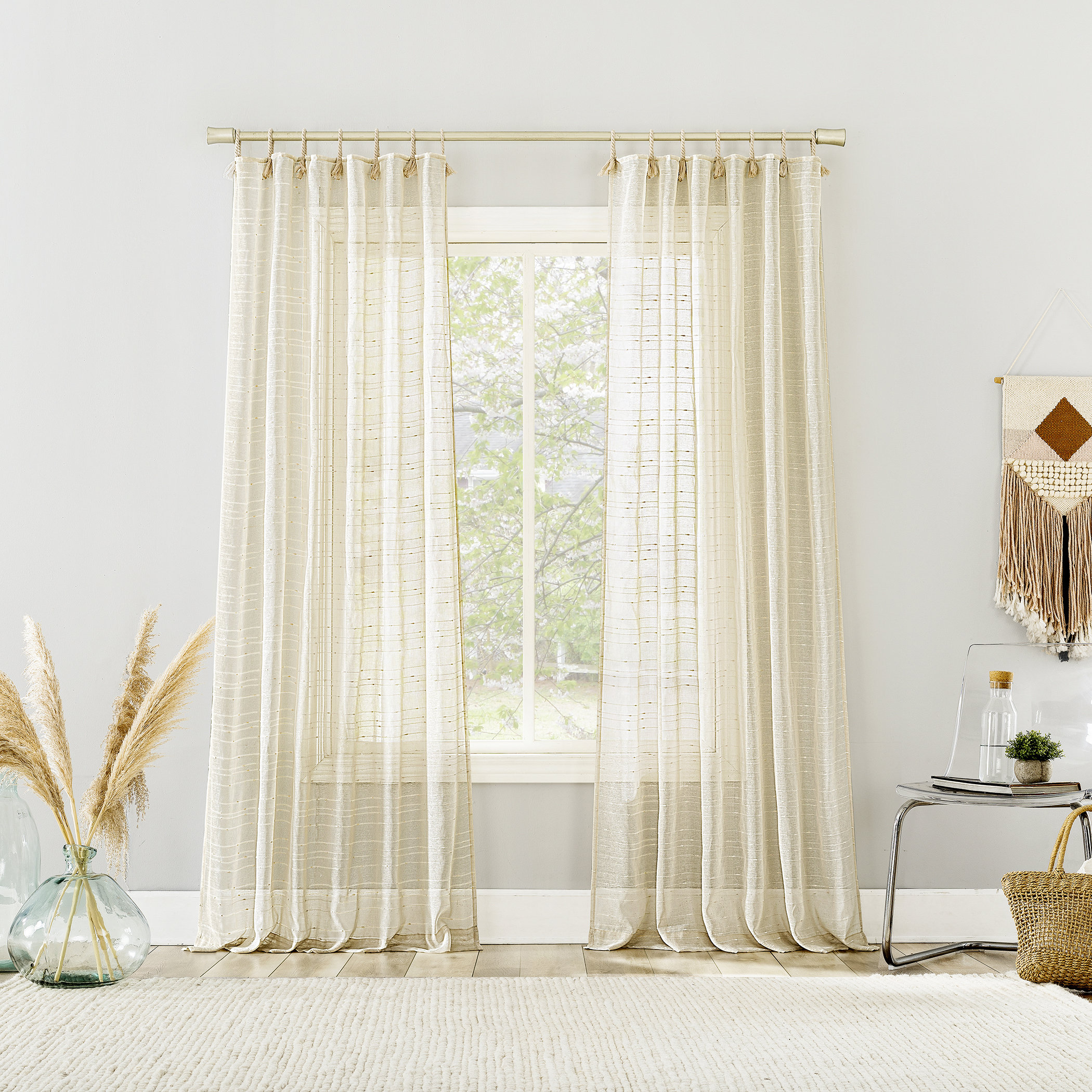 Gracie Oaks Woelk Slub Stripe Rope Tab Semi-Sheer Tie Top Curtain Panel ...