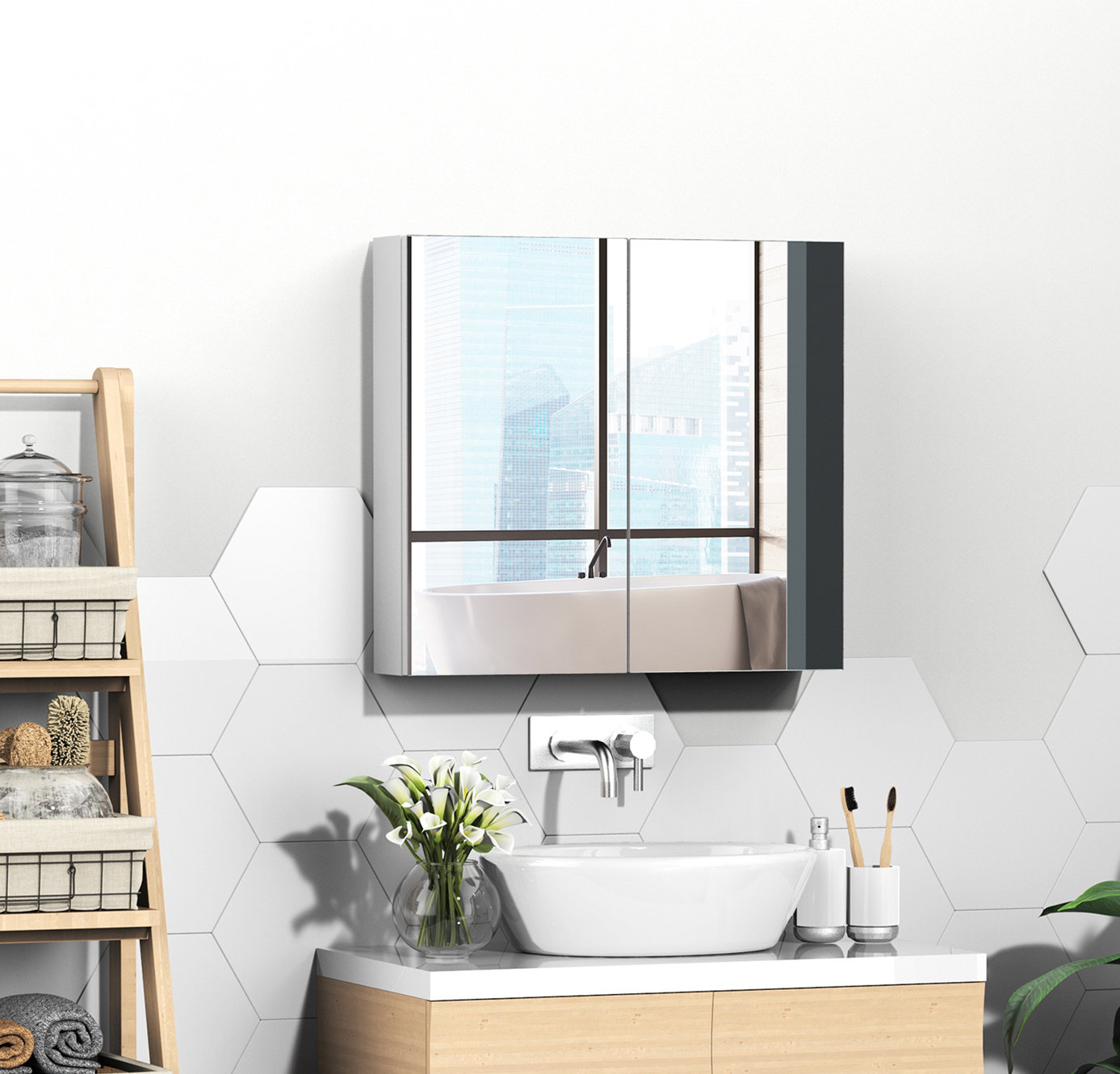 Ebern Designs Kleankin Bathroom Mirrored Cabinet, 24"X22" Steel Frame ...