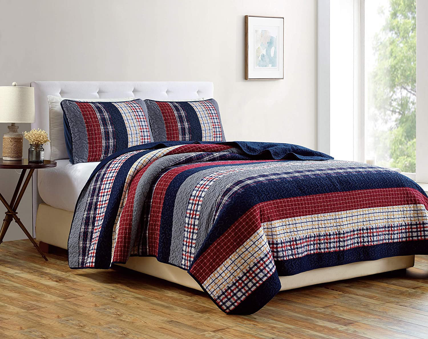 Chezmoi Collection Navy Blue Striped Washed Cotton Quilt Set & Reviews ...