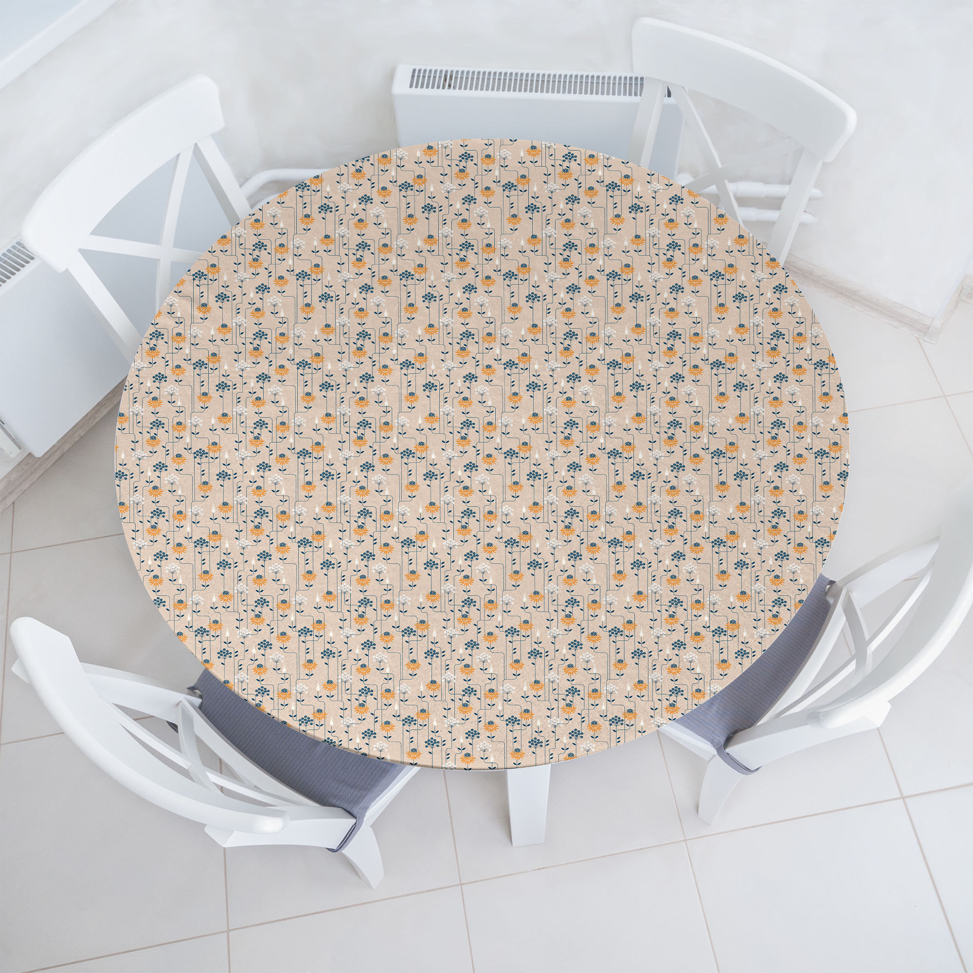 Ebern Designs Floral Fitted Round Tablecloth Sand Brown Dark Teal | Wayfair
