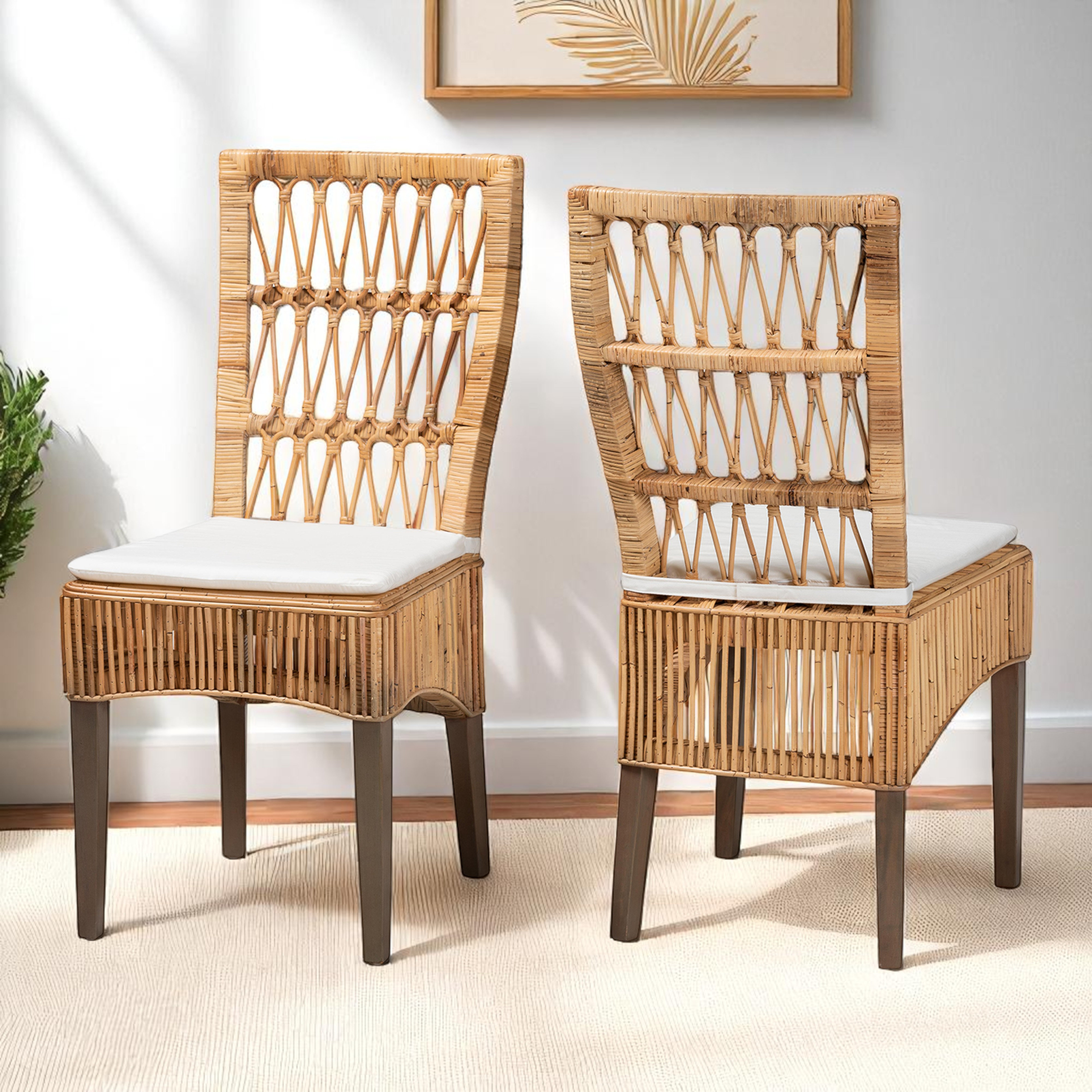Dakota Fields Fenlyn Set of two modern bohemian brown rattan dining chairs | Wayfair