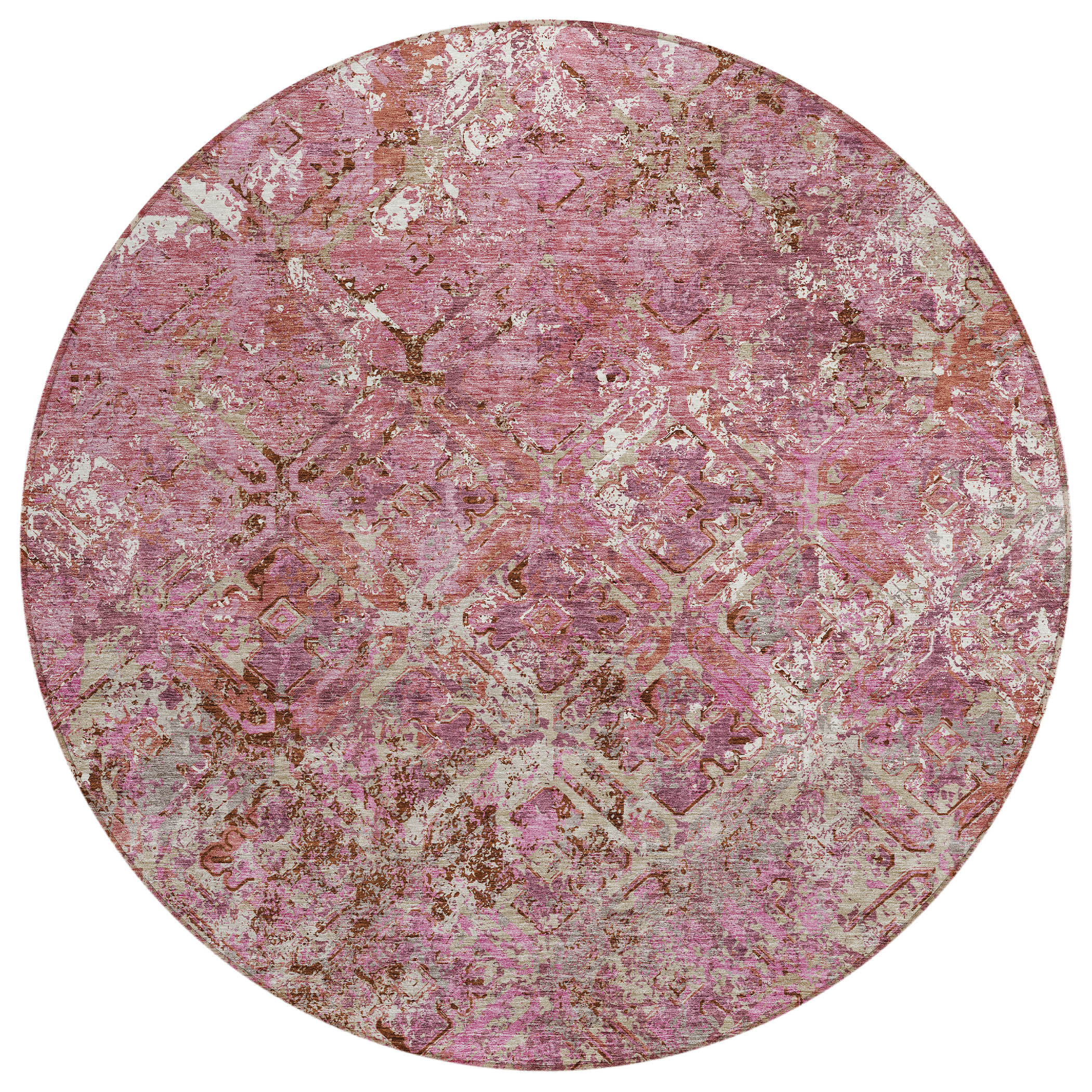 HomeRoots 8' Pink Blush And Mauve Round Geometric Washable Indoor ...