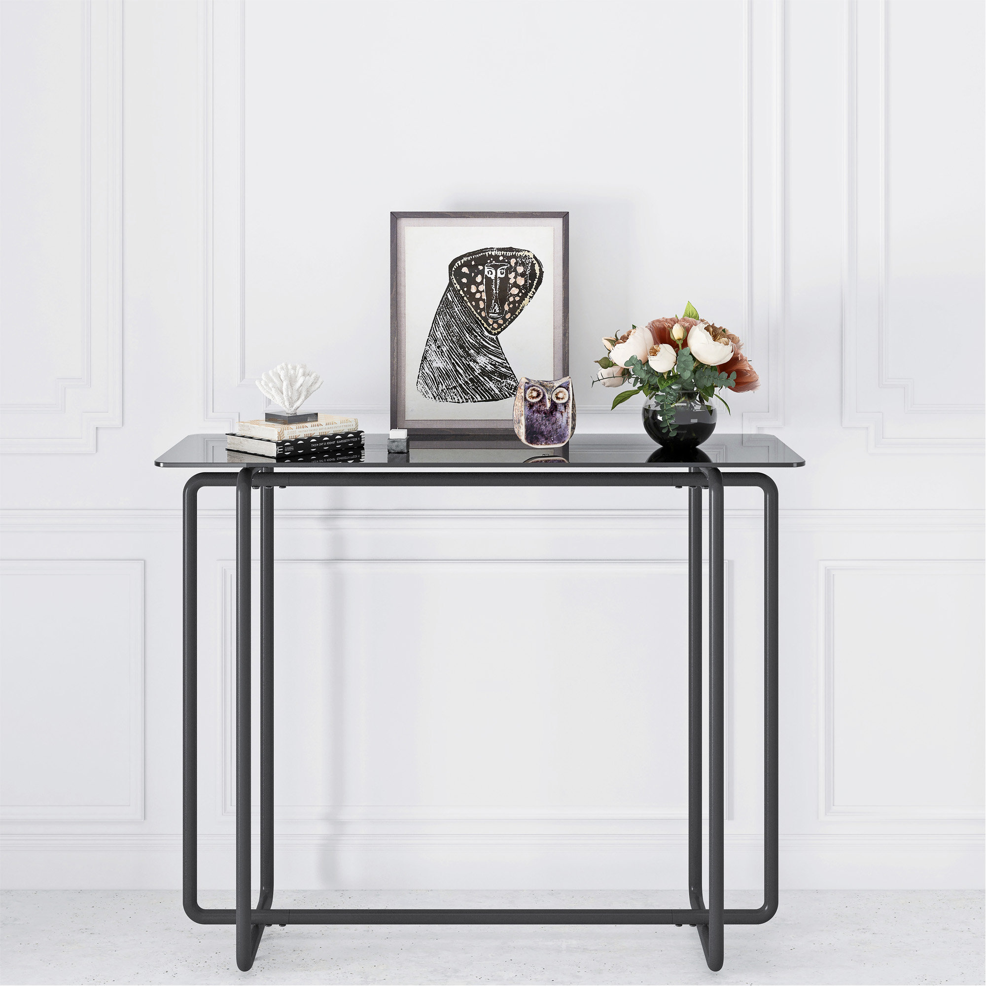 Orren Ellis Sleek Tempered Glass Console Table With Adjustable Base And ...