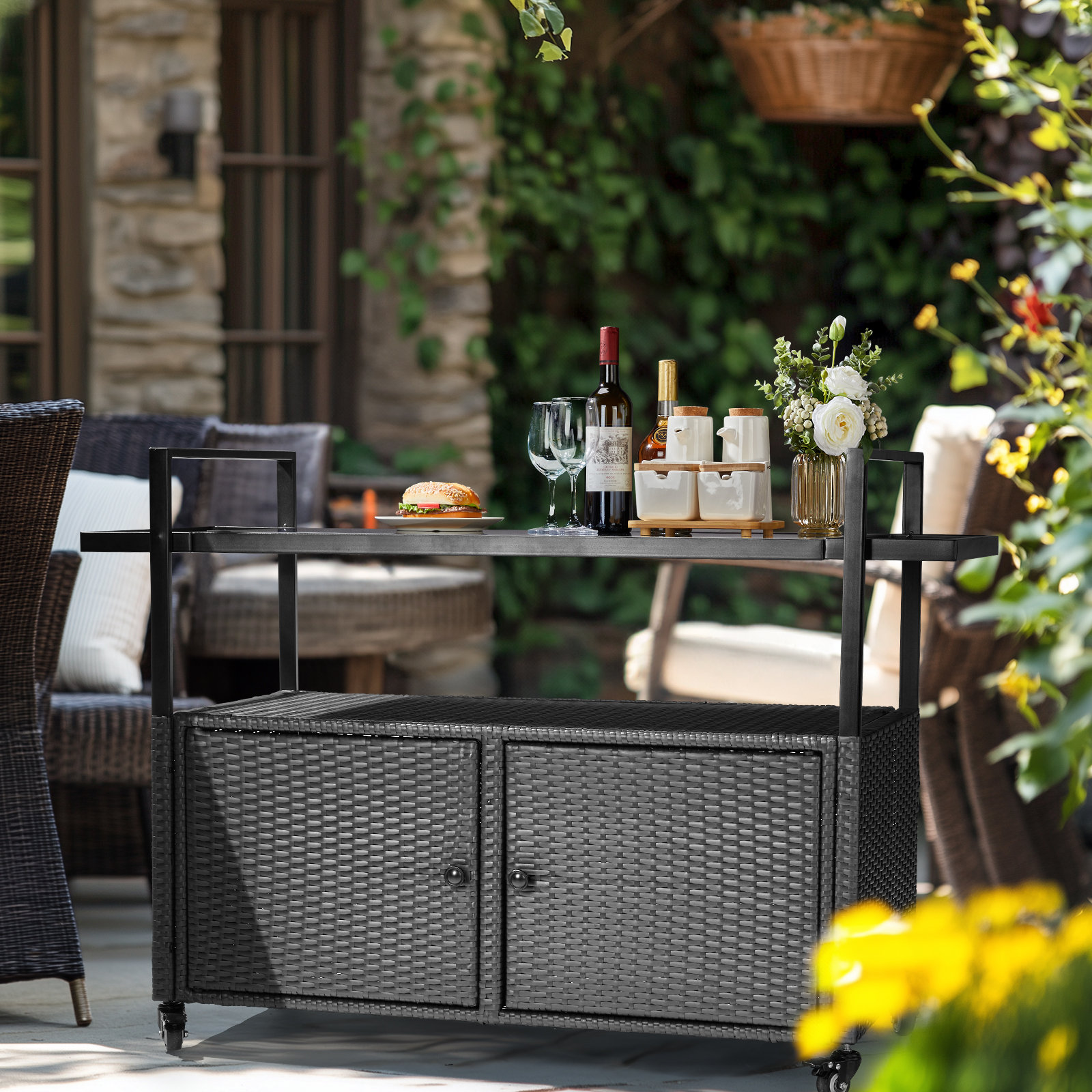 Bay Isle Home™ Black Rattan Bar Table With Wheels | Wayfair
