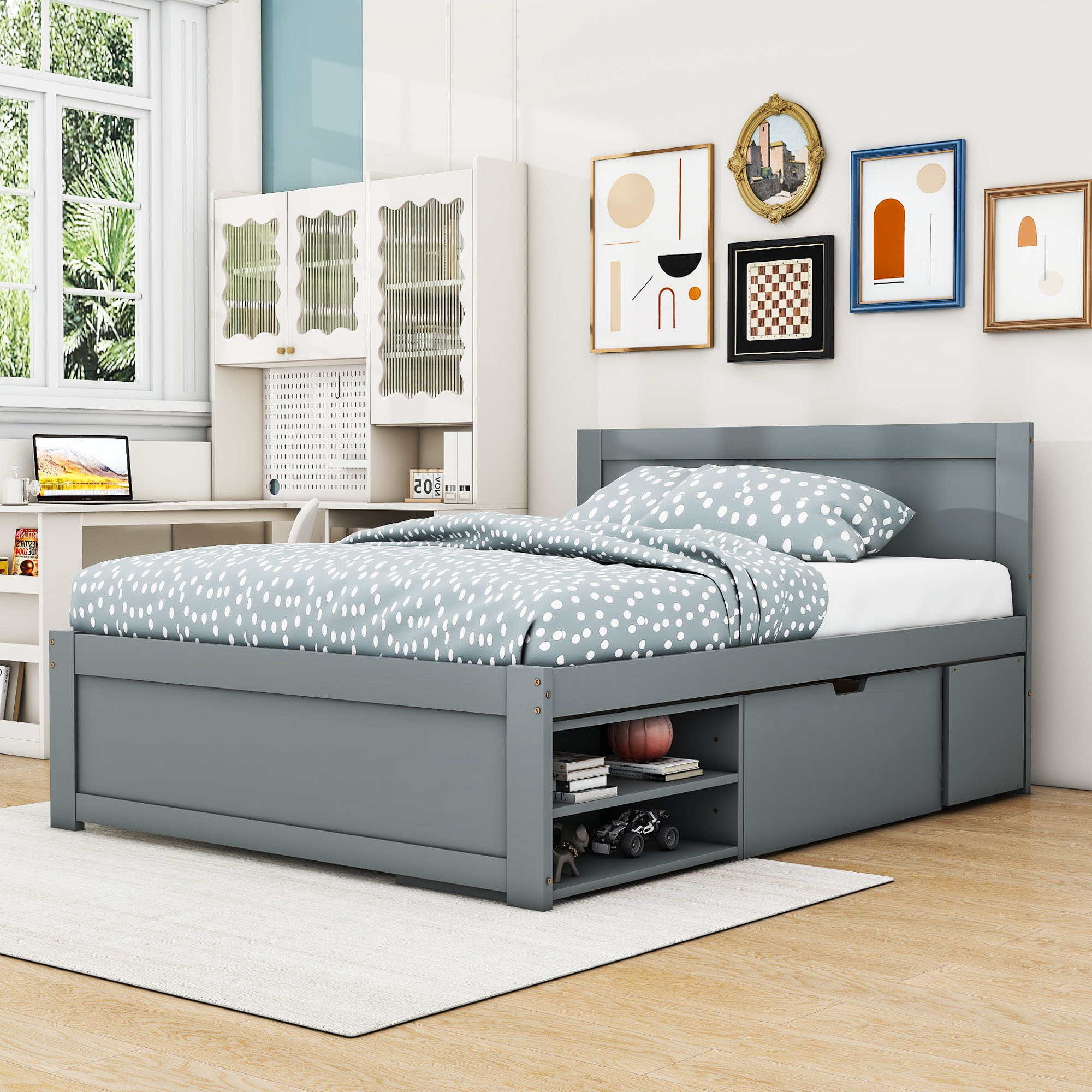 Lark Manor™ Alcena Wooden Platform Bed With Drawer and Shelves | Wayfair